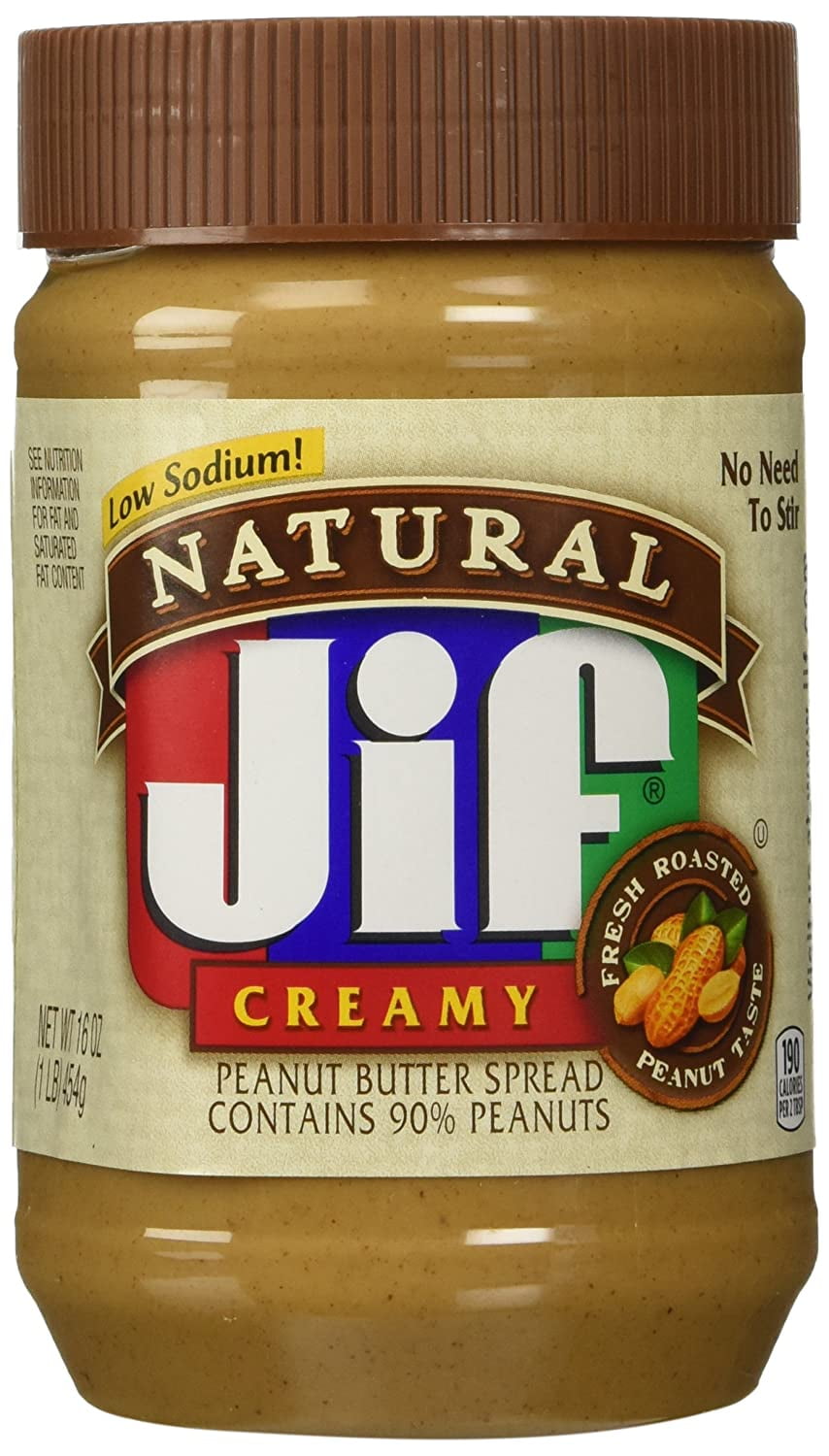 Jif Natural Creamy Peanut Butter, Low Sodium, 16 oz, Pack of 2 ...