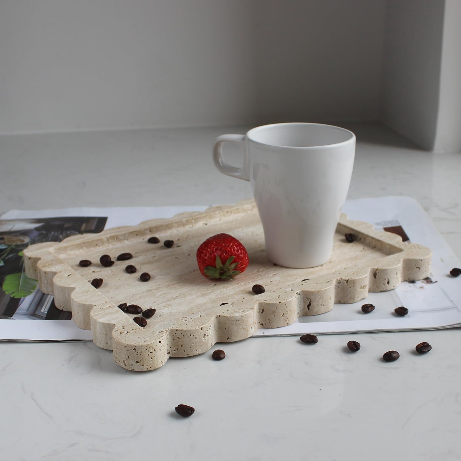 Natural Luxury Scalloped Travertine Tray 10.8"x8", Beige Rectangle ...