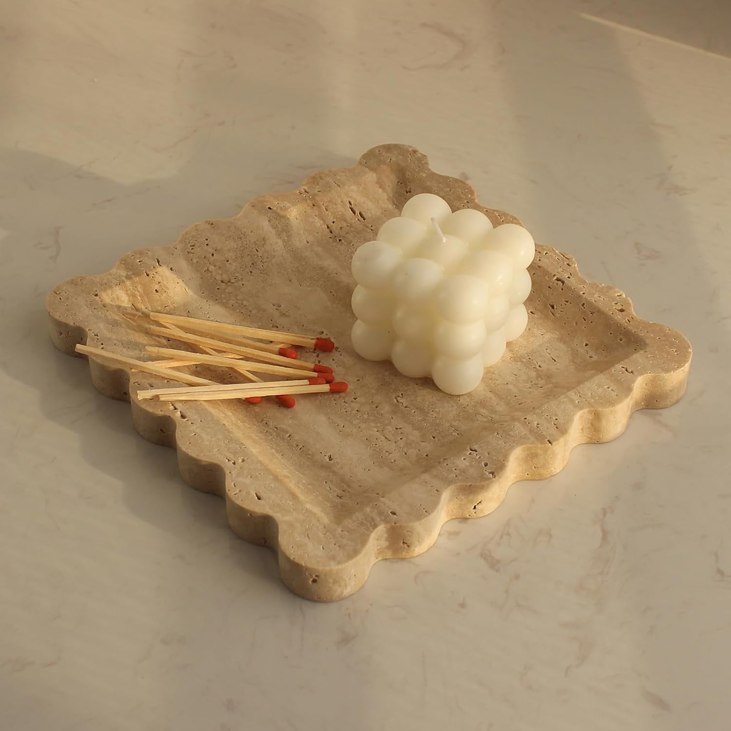 Natural Luxury Travertine Tray with Scalloped Edge, Handmade Square ...
