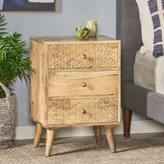 Natural Mango Wood - Three Drawer Storage - Bedside Table - Blend with ...