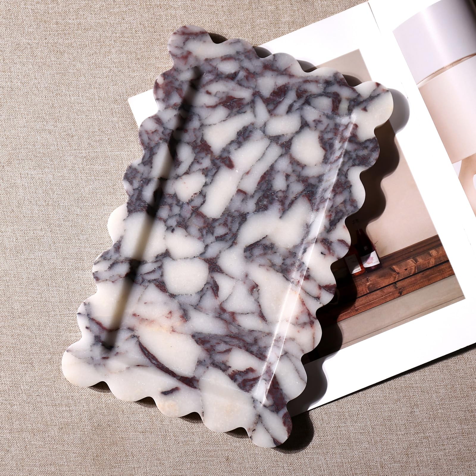 Natural Marble Vanity Tray - Luxury Scalloped Marble Storage Tray for Home Decor - Rectangle (11 ...