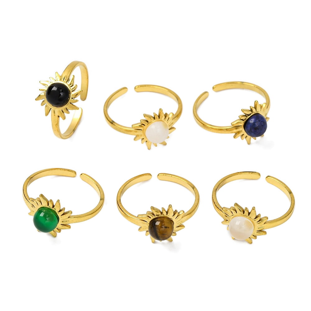 Natural Mixed Stone Finger Rings Sun Golden Tone 304 Stainless Steel ...