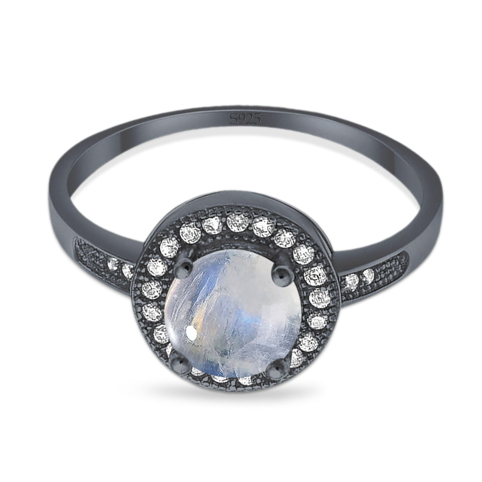 Natural Moonstone Black Tone Silver Size-7 Art Deco Round Halo CZ ...