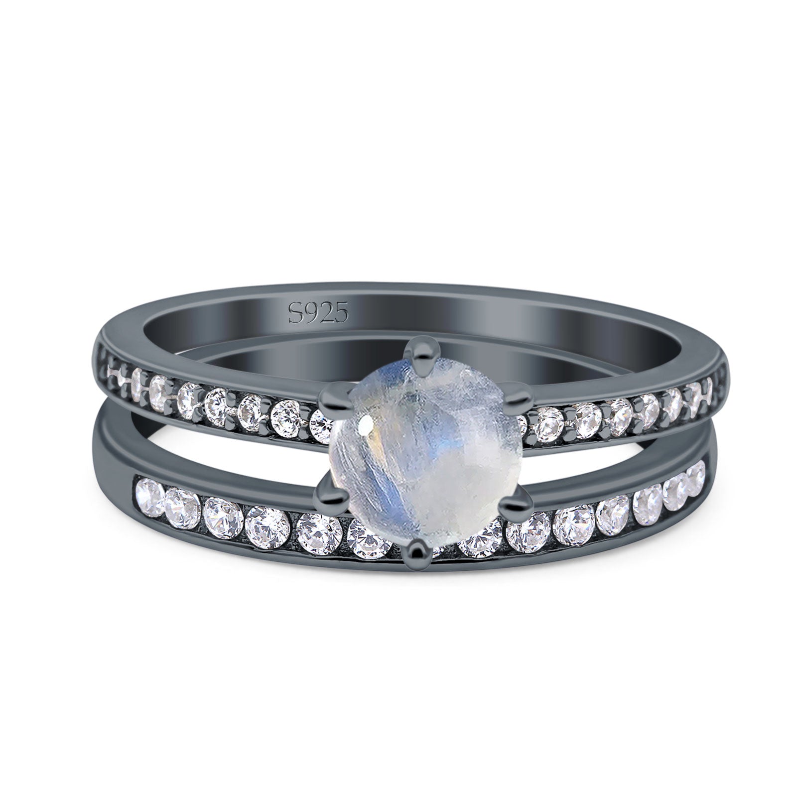 Natural Moonstone Black Tone Silver Size-7 Two Piece Art Deco Round ...