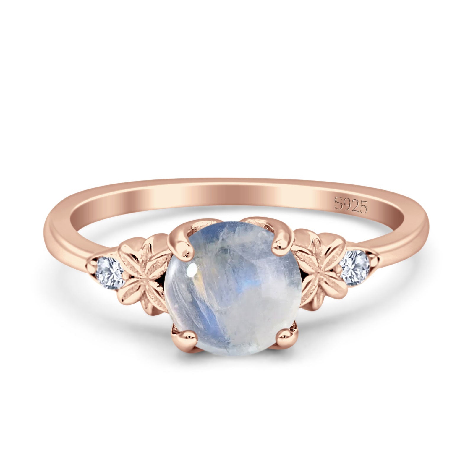 Natural Moonstone Rose Tone Silver Size-10 Art Deco Round Flower Ring ...