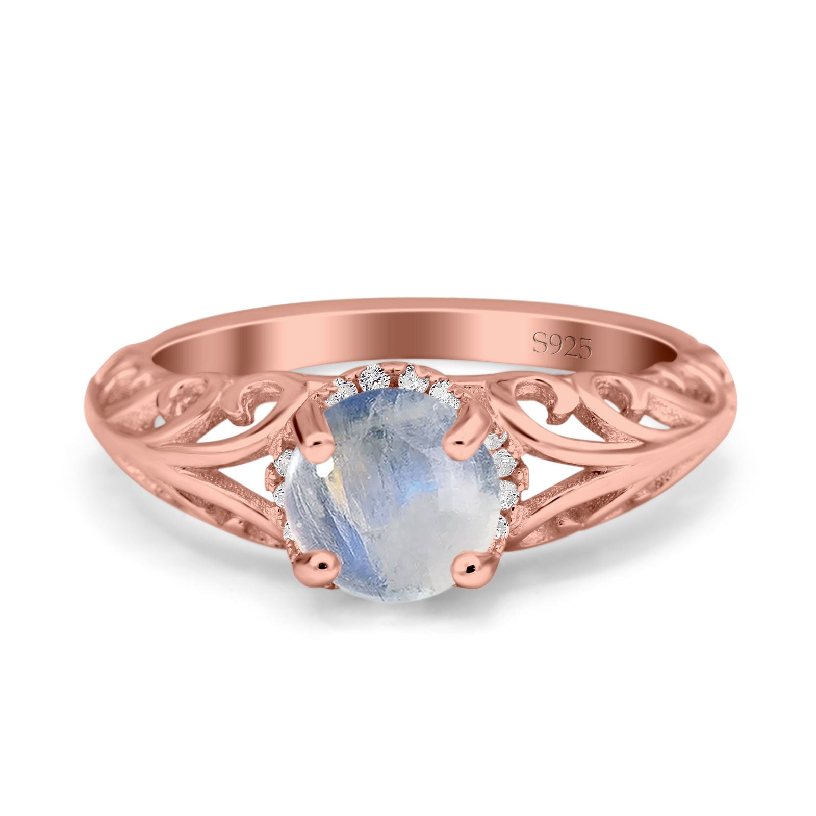 Natural Moonstone Rose Tone Silver Size-10 Art Deco Round Vintage Style ...