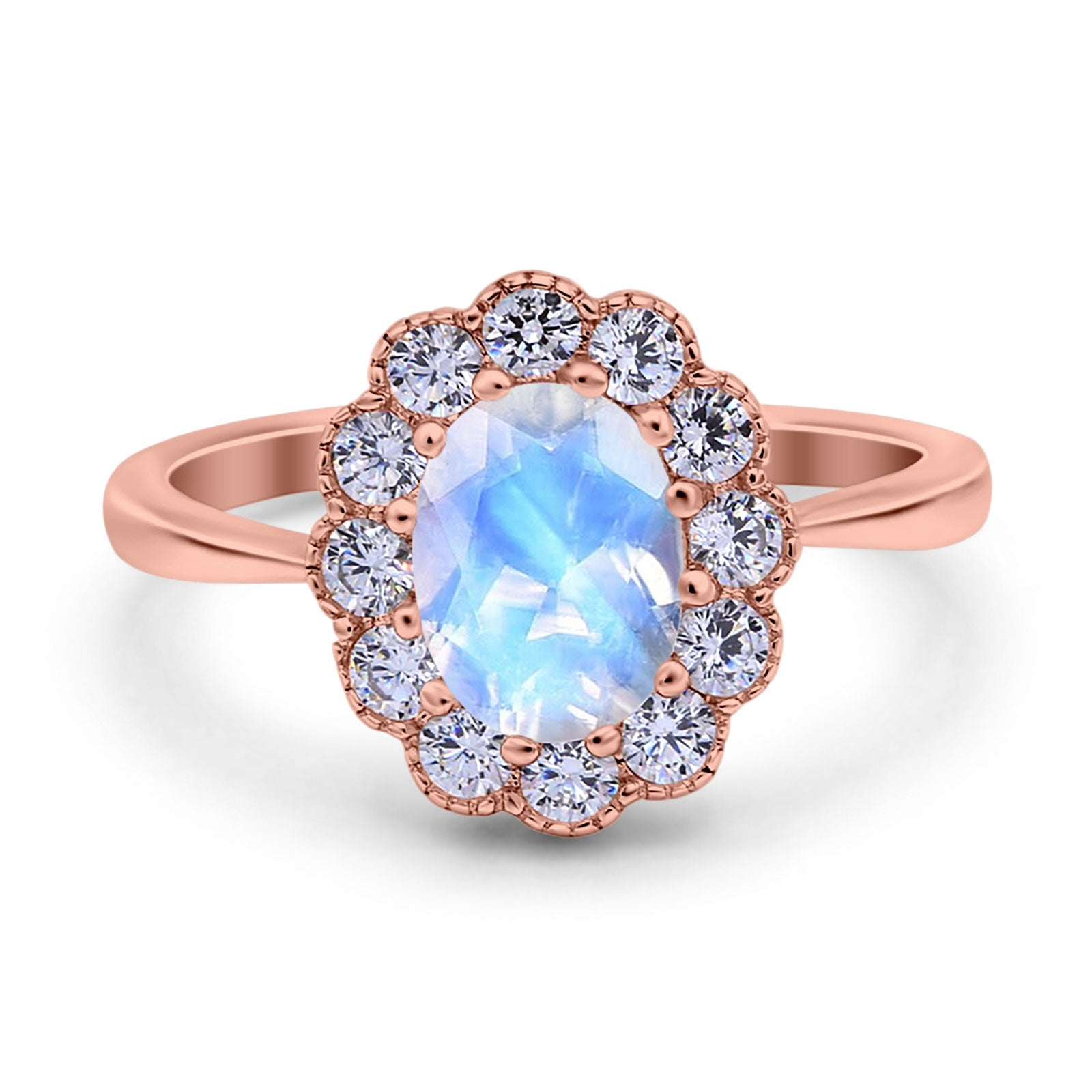 Natural Moonstone Rose Tone Silver Size-6 Art Deco Oval Flower Ring ...
