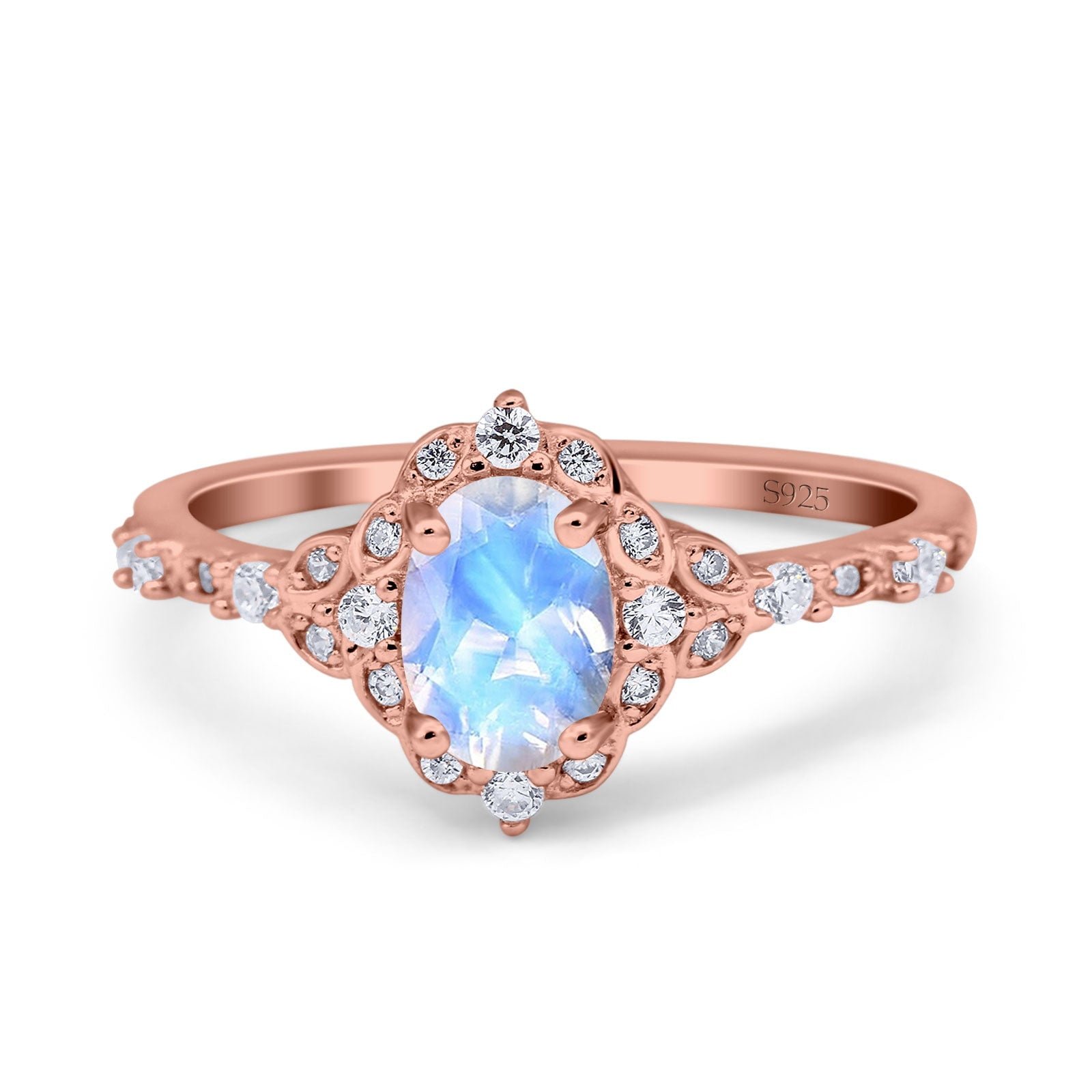 Natural Moonstone Rose Tone Silver Size-7 Art Deco Oval Halo CZ ...