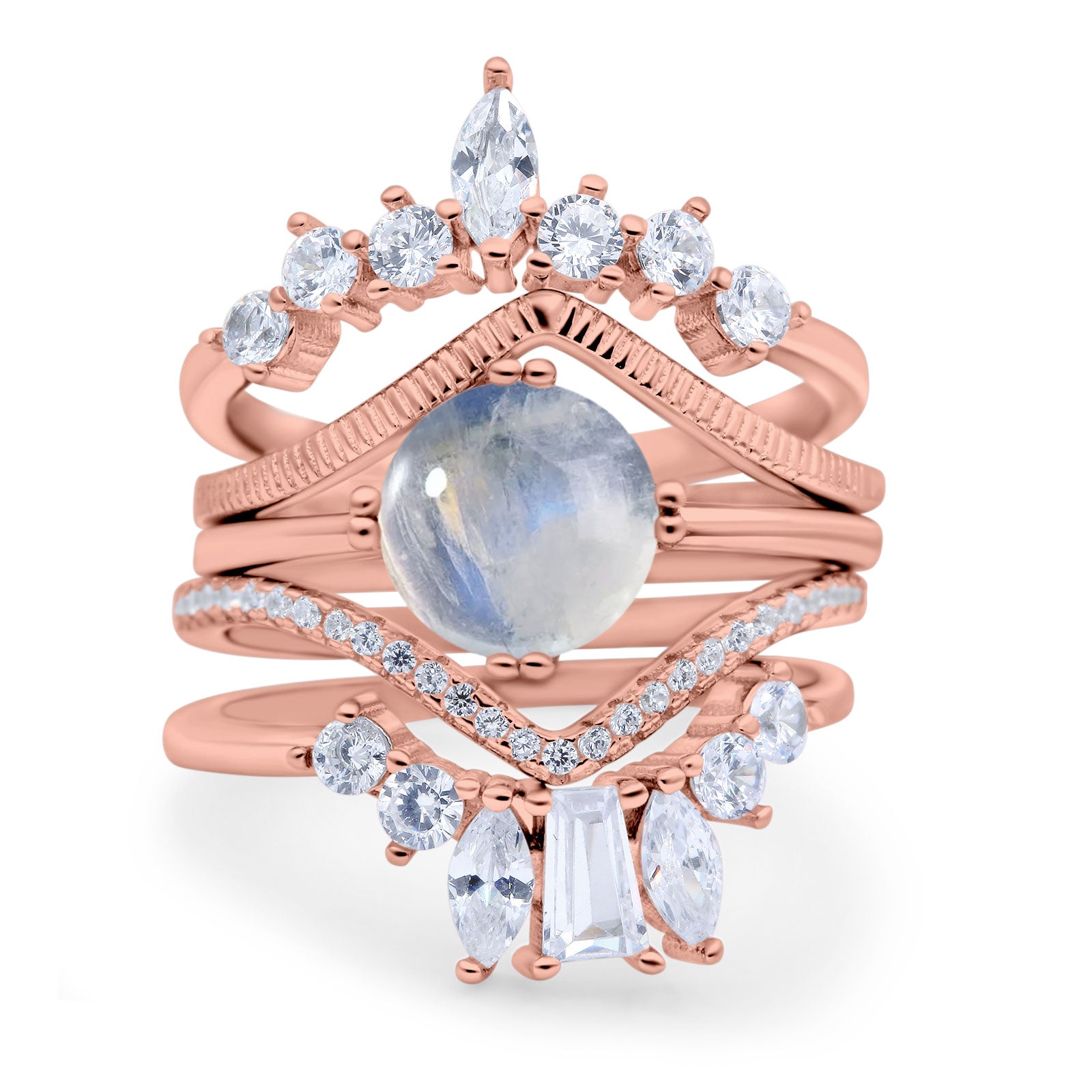 Natural Moonstone Rose Tone Silver Size-7 Three Piece Round Cocktail ...