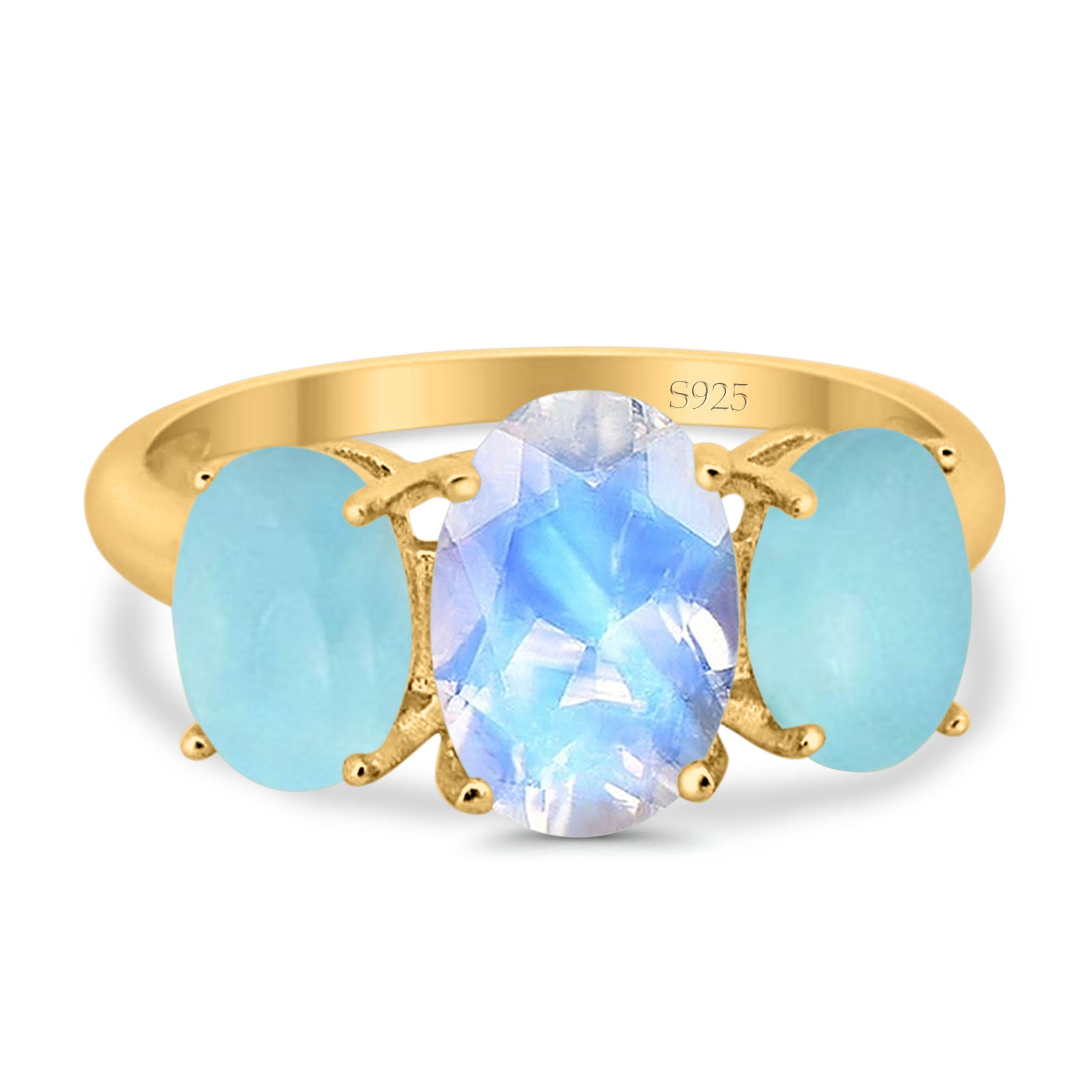 Natural Moonstone Yellow Tone Silver Size-7 Art Deco Three Stone Oval ...