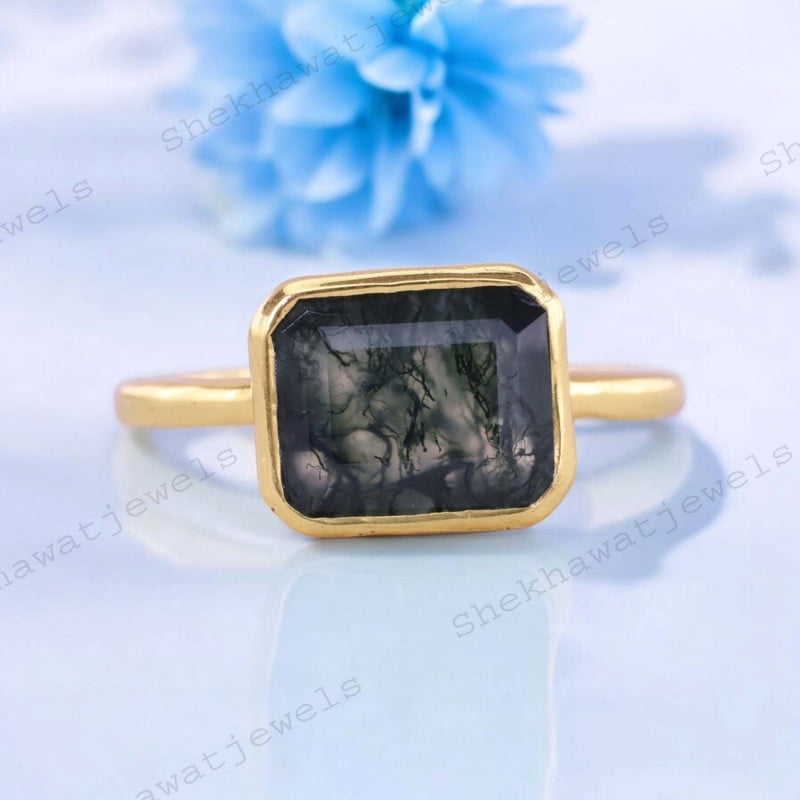 Natural Moss Agate Engagement Ring 18k Yellow Gold Jewelry Women's Fine ...