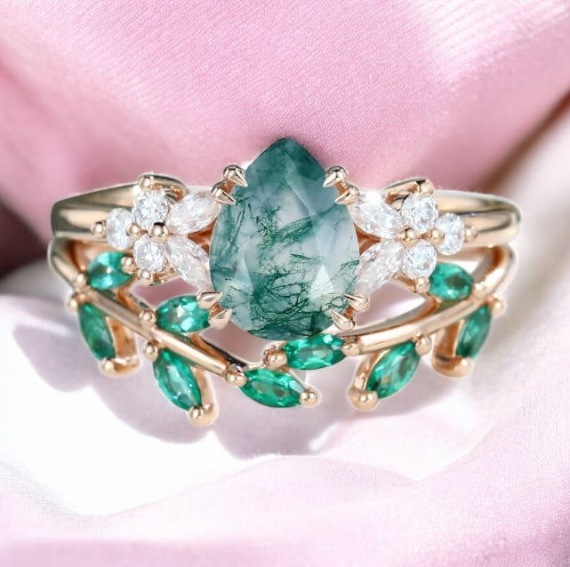 Natural Moss Agate Engagement Ring Set Emerald Bridal Wedding Ring Set ...