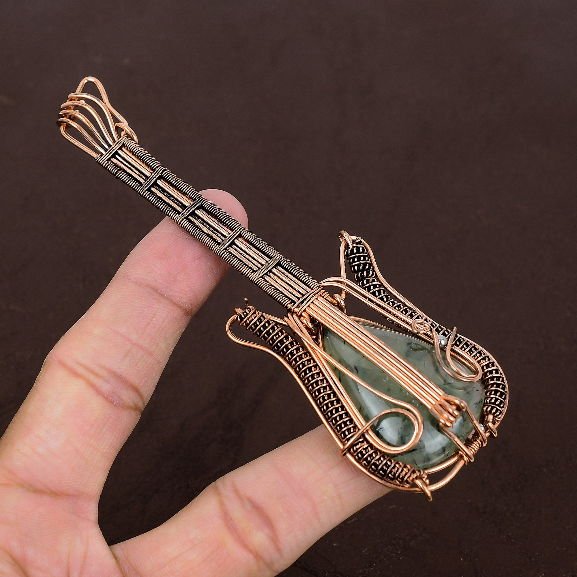 Natural Moss Prehnite Stone Handmade Copper Wire Wrap Guitar Pendant 4. ...
