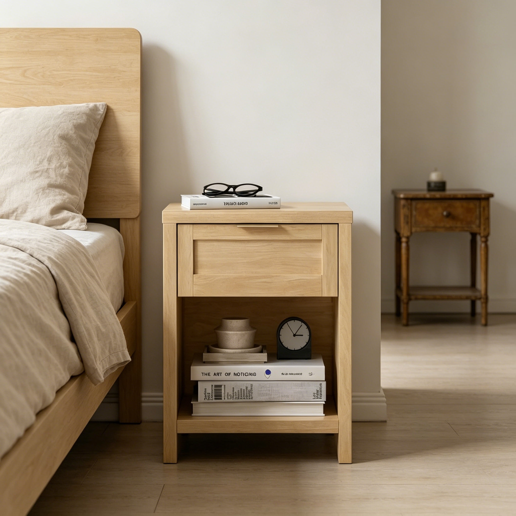 Natural Nightstand, Boho Bedside Table with Drawer and Storage Shelf ...