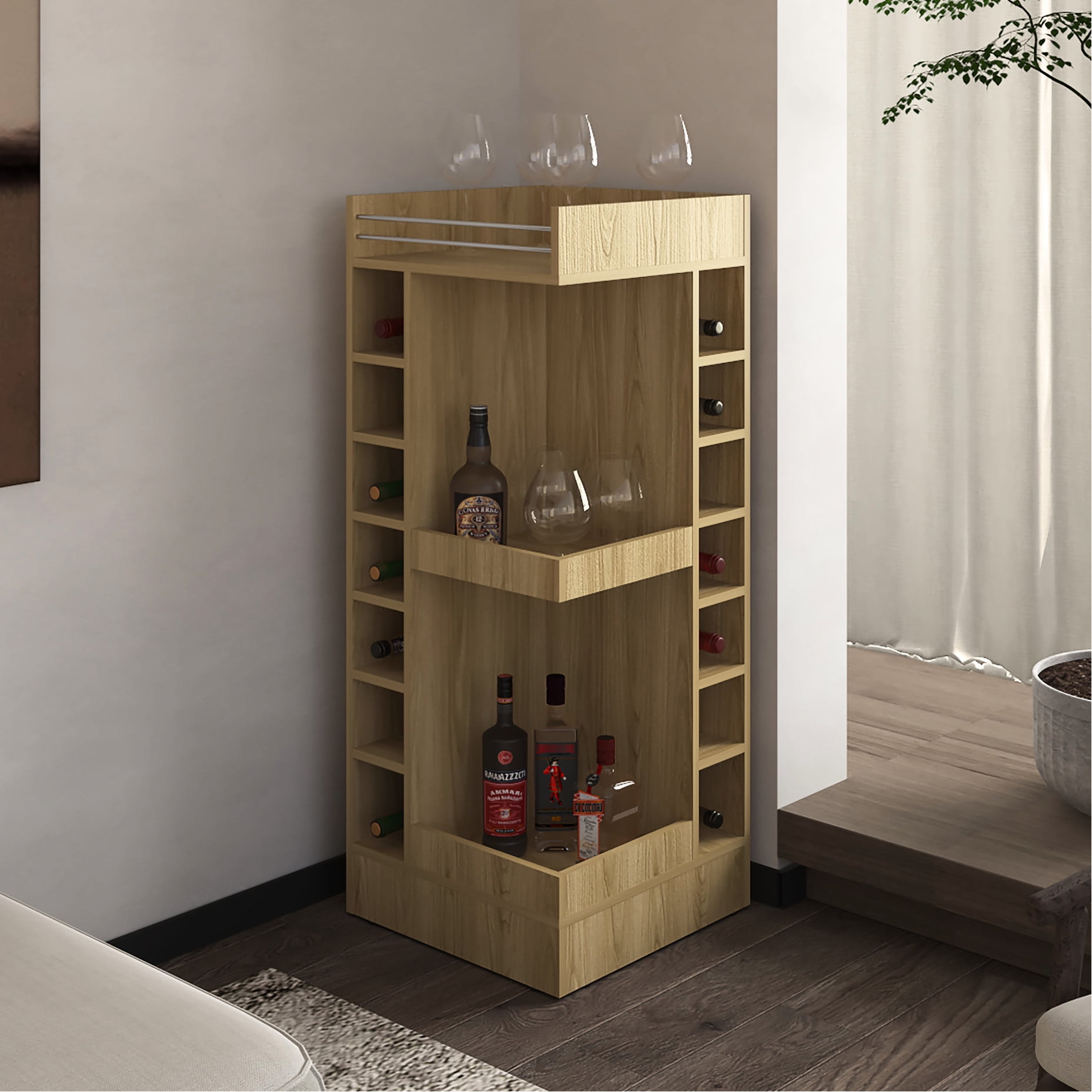 Natural Oak Bar Cabinet - Open Shelf For Glasses And Decorative Items ...