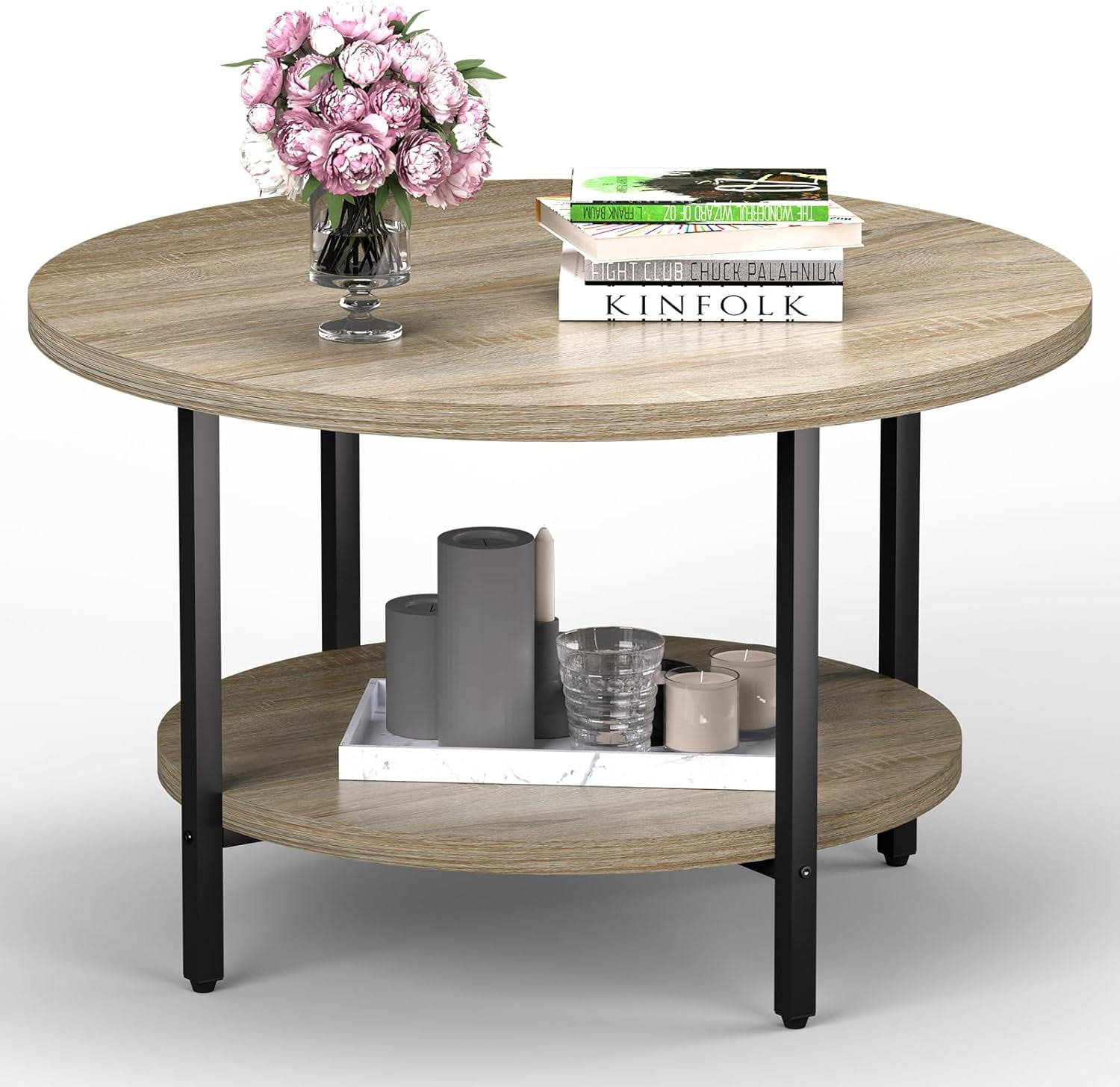 Natural Oak Round Coffee Table, 27.5" Small Coffee Tables, 2-Tier Circle Coffee Table with ...