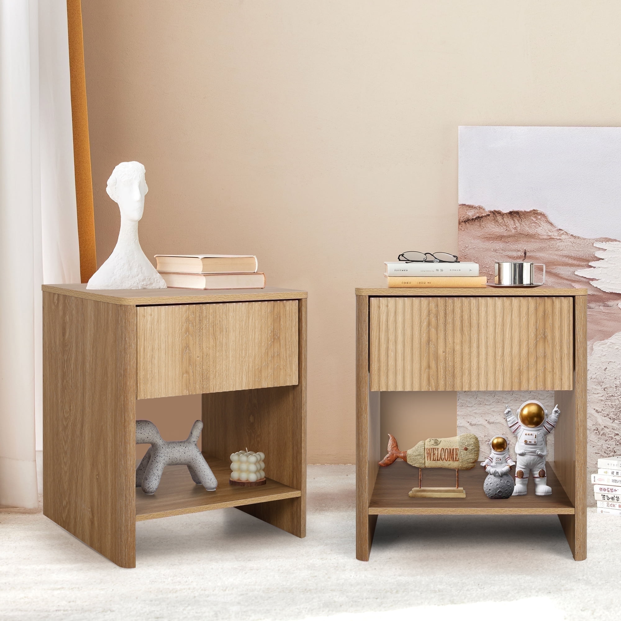 Natural Oak Set of 2 Nightstand with Opening Storage and Drawer,Blister ...