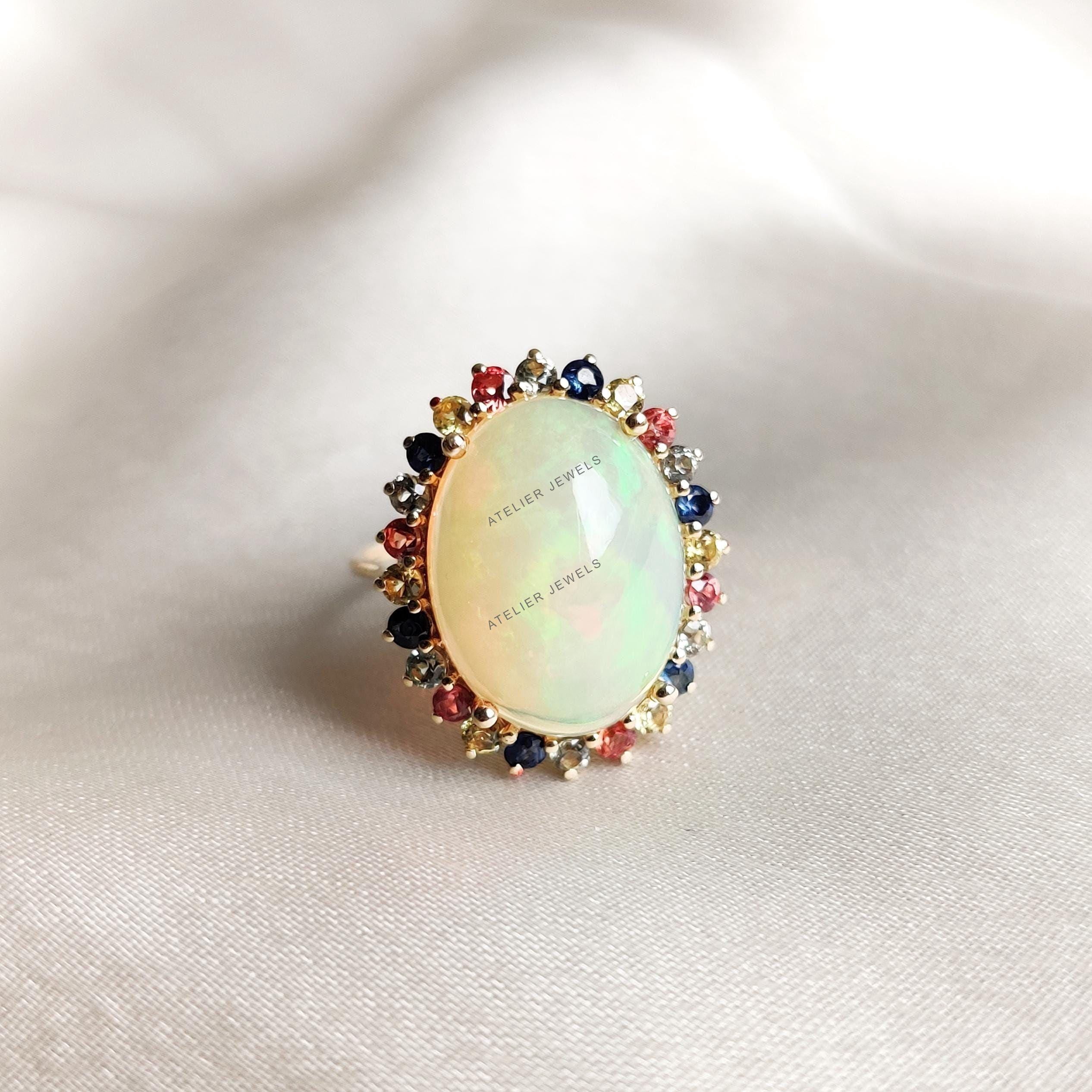Natural Opal Multi Sapphire Ring, Natural Ethiopian Opal 14K Yellow ...
