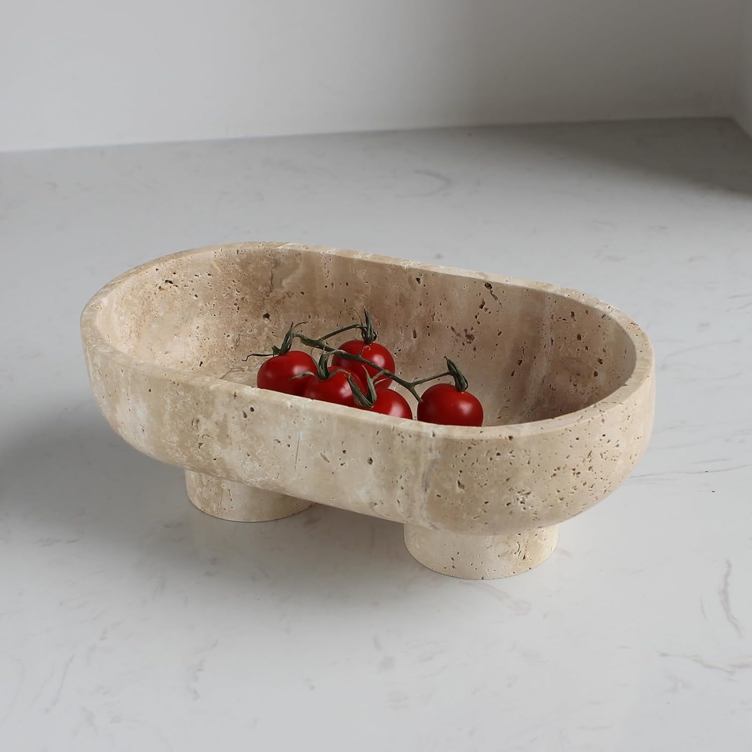 Natural Oval Travertine Fruit Bowl for Kitchen Counter 10", Large ...