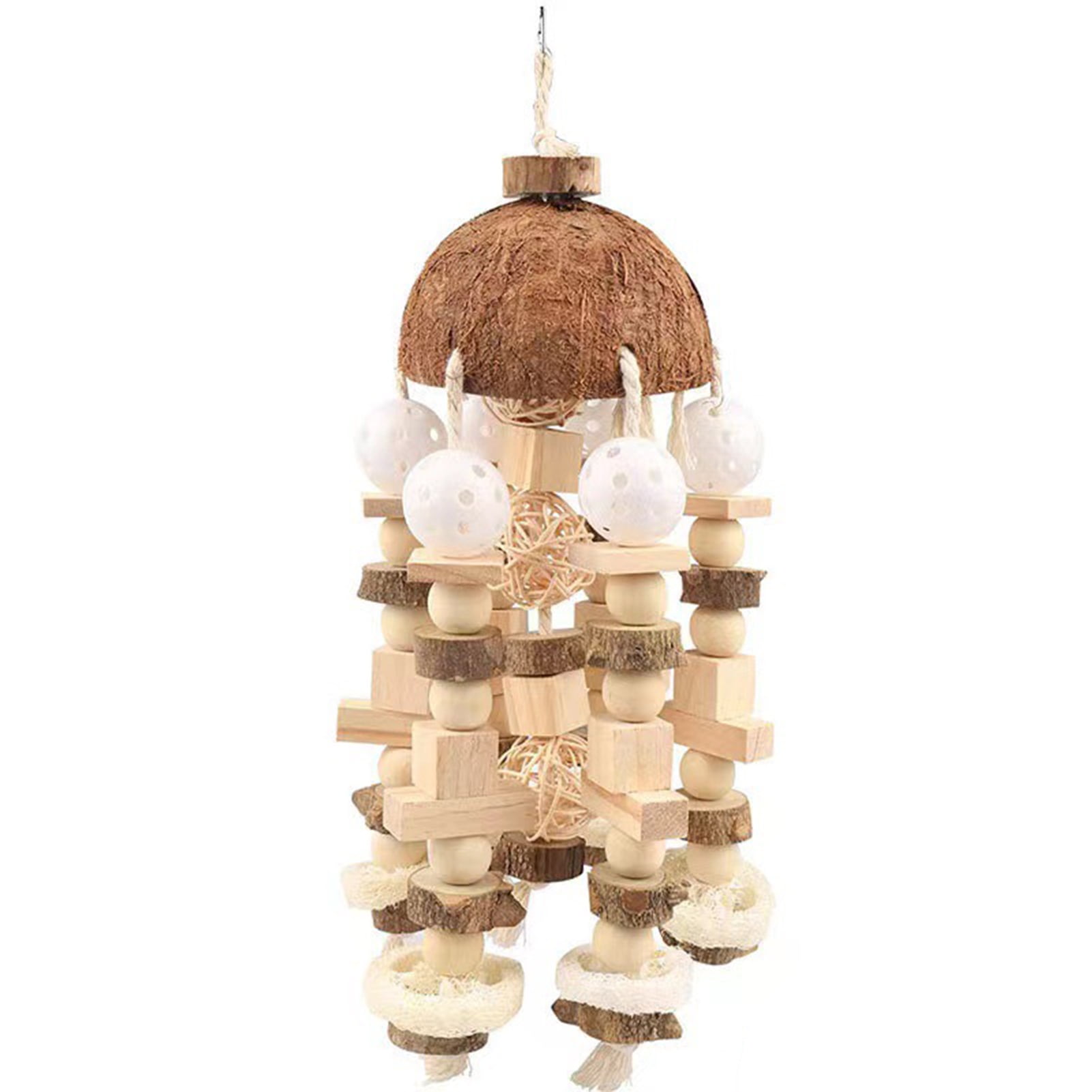 Natural Parrot Chew Toy Coconut Shell Hanging Toy with Wooden Blocks ...