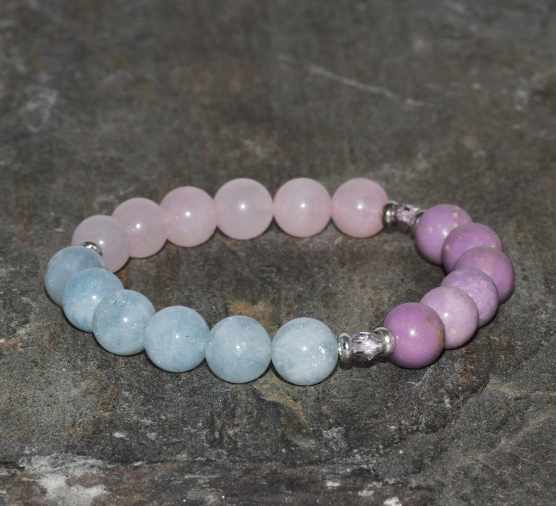 Natural Phosphosiderite, Rose Quartz & Aquamarine 10mm Round Shape ...