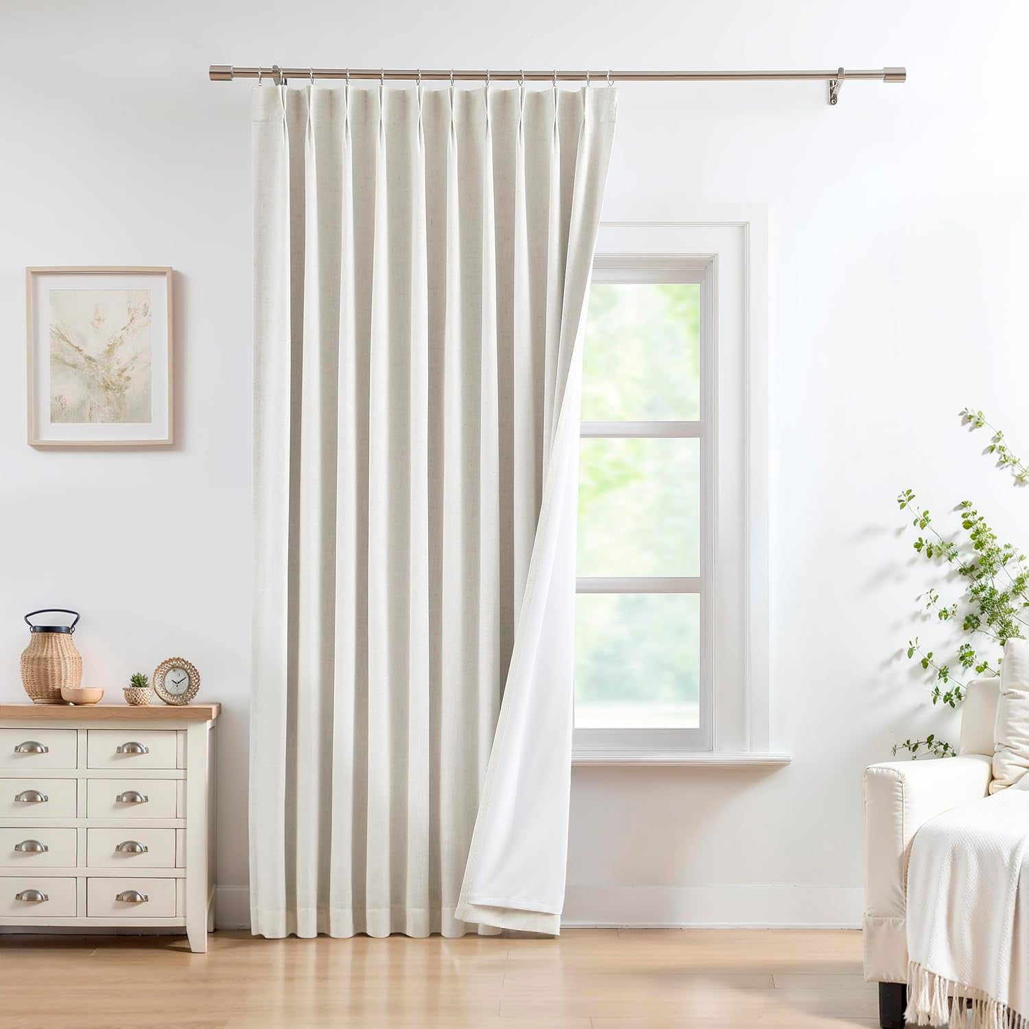 Natural Pinch Pleat Full Blackout Curtain Panel Linen Blended 112 ...
