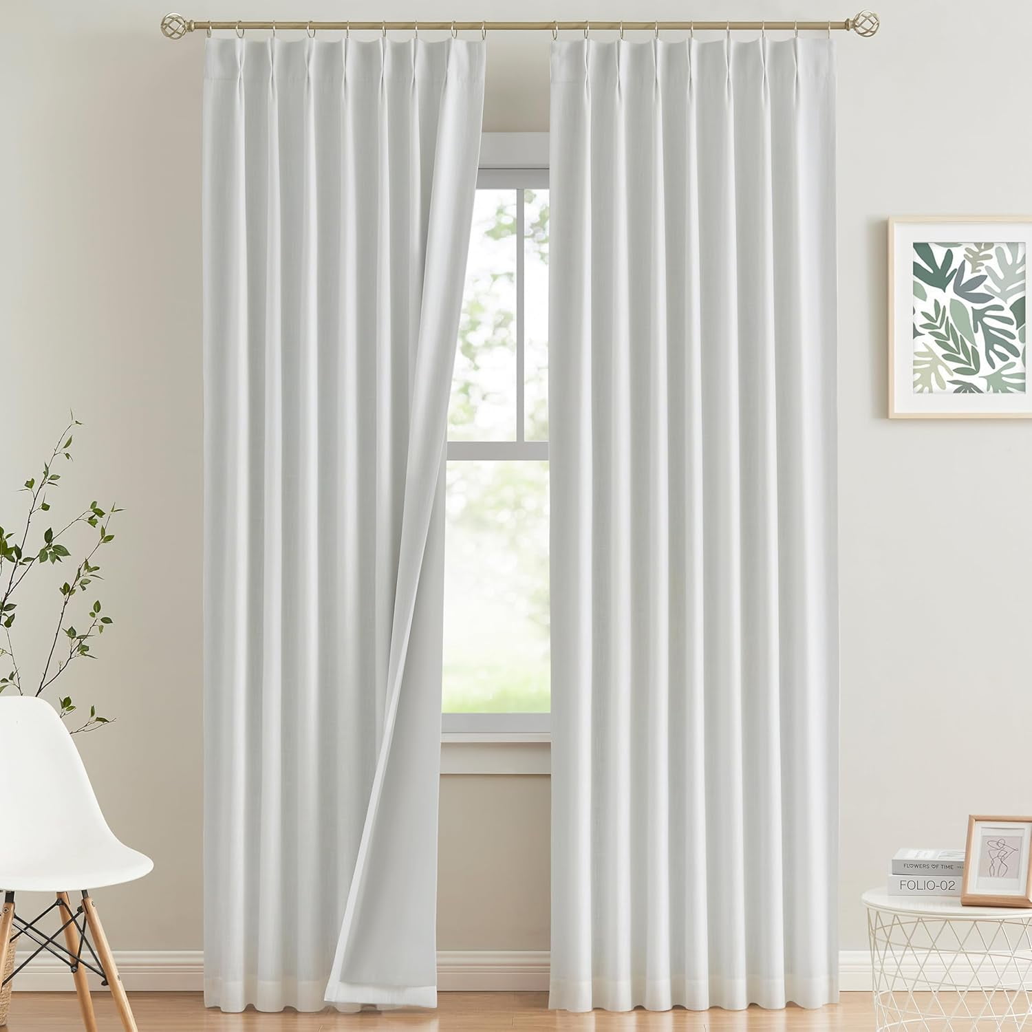 Natural Pinch Pleated Full Blackout Curtains Linen Blended Room ...