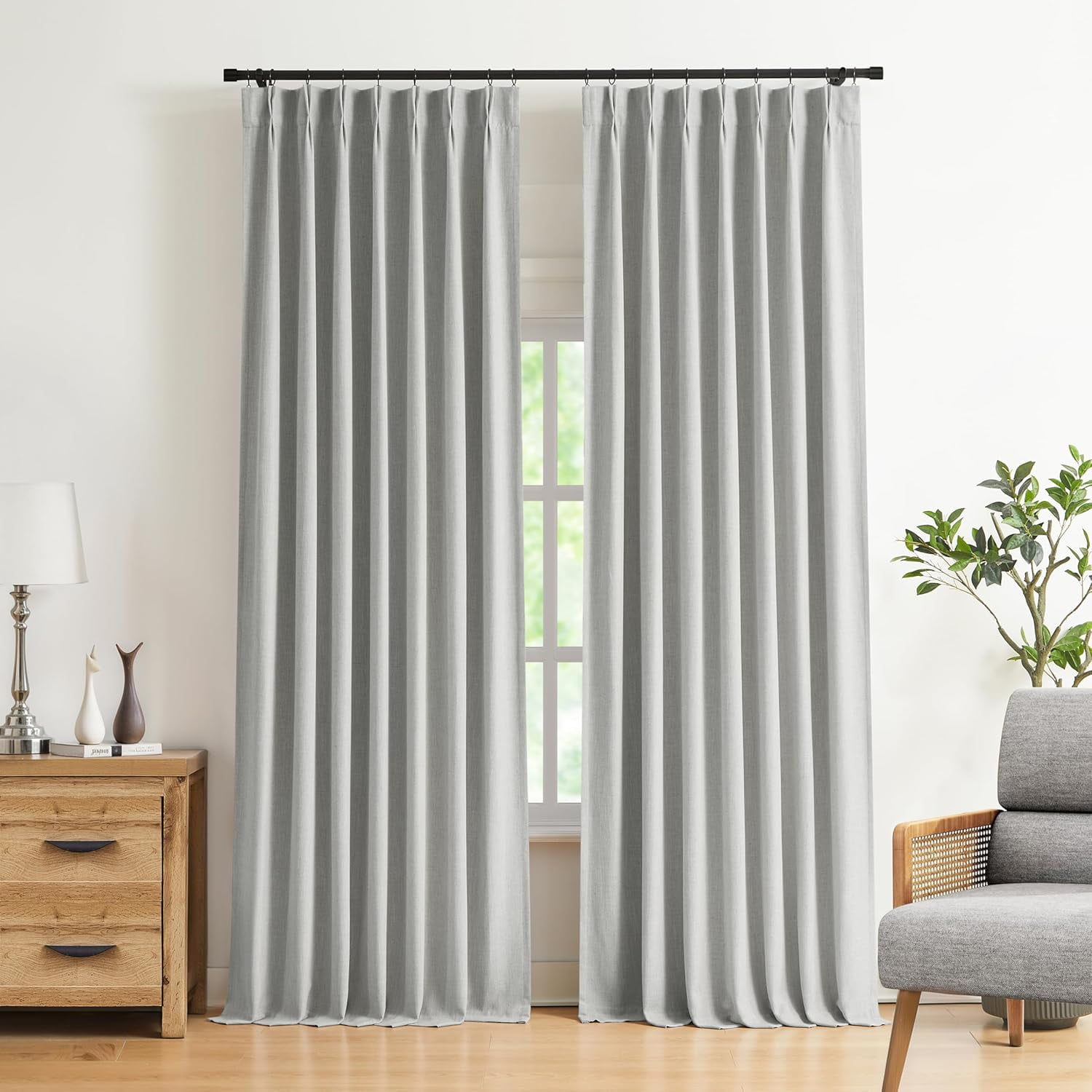 Natural Pinch Pleated Full Blackout Curtains Linen Blended Room ...