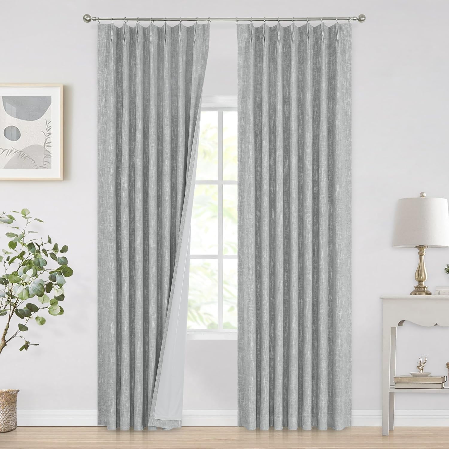 Natural Pinch Pleated Full Blackout Curtains Linen Blended Room ...