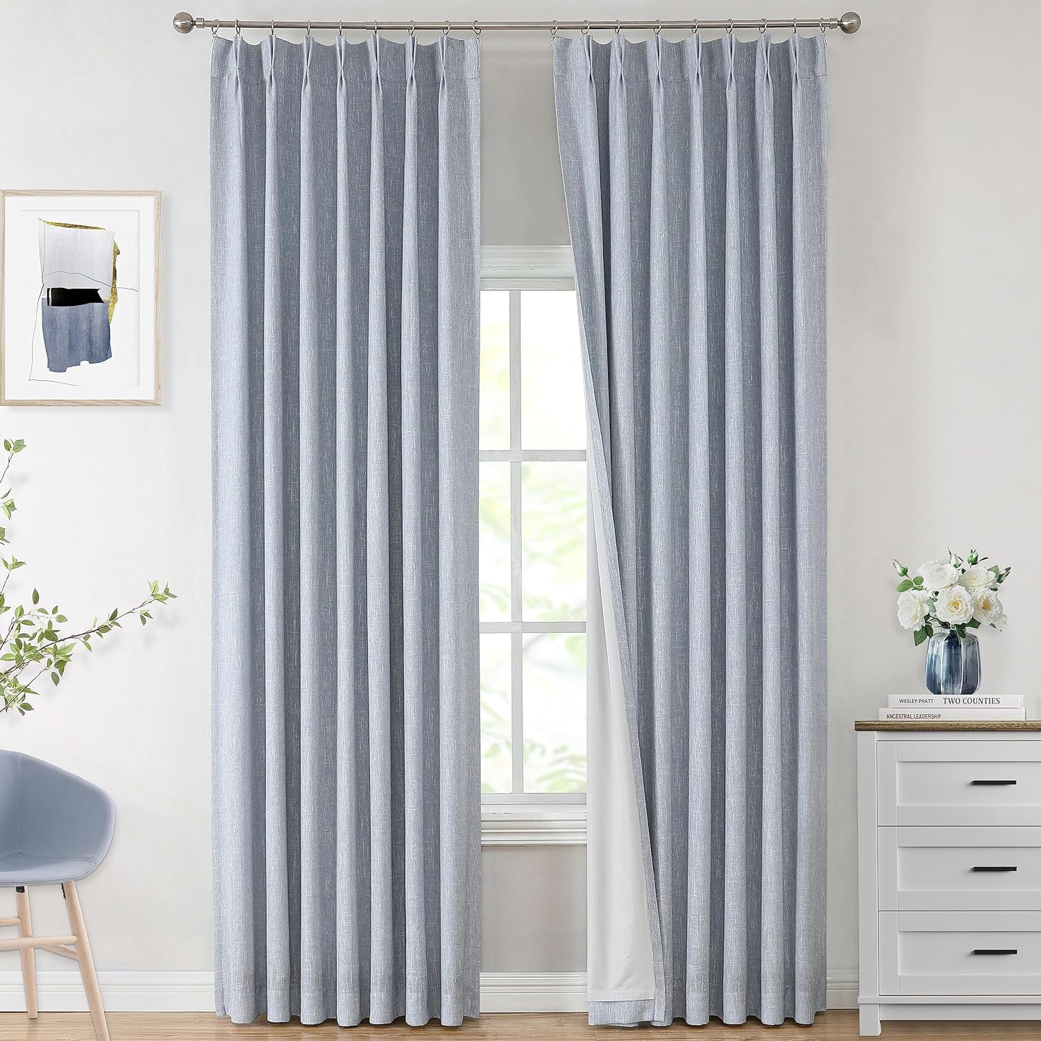 Natural Pinch Pleated Full Blackout Curtains Linen Blended Room ...