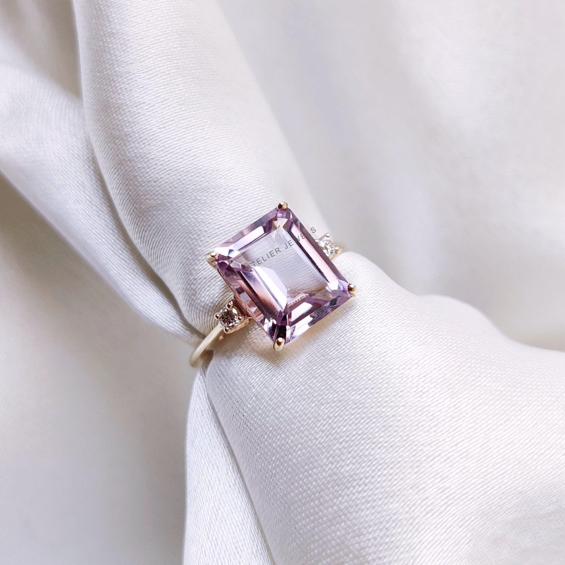 Natural Pink Amethyst & Diamond Ring, 14K Solid Yellow Gold Ring ...