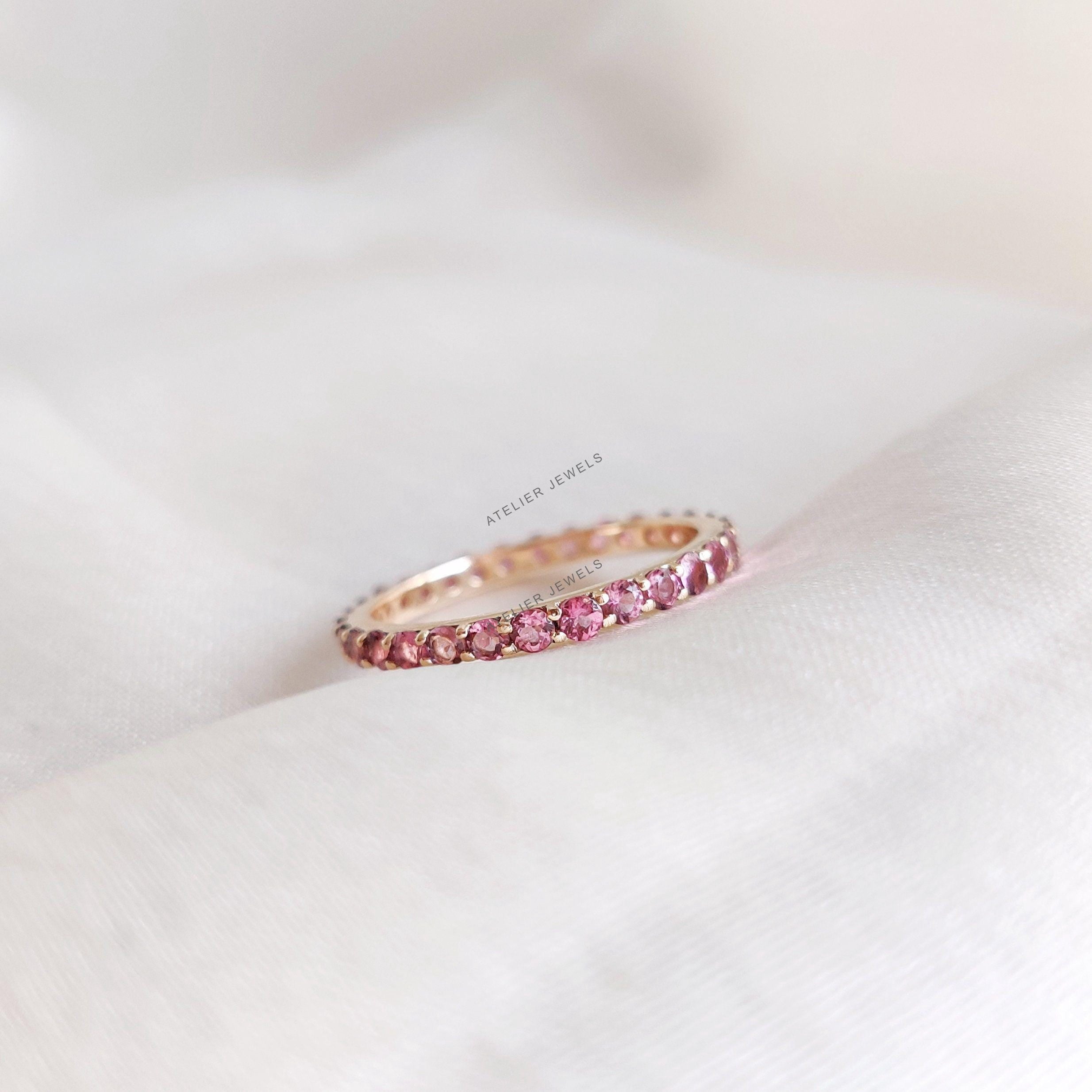 Natural Pink Tourmaline Eternity Ring, 14K Solid Yellow Gold Ring, Pink ...