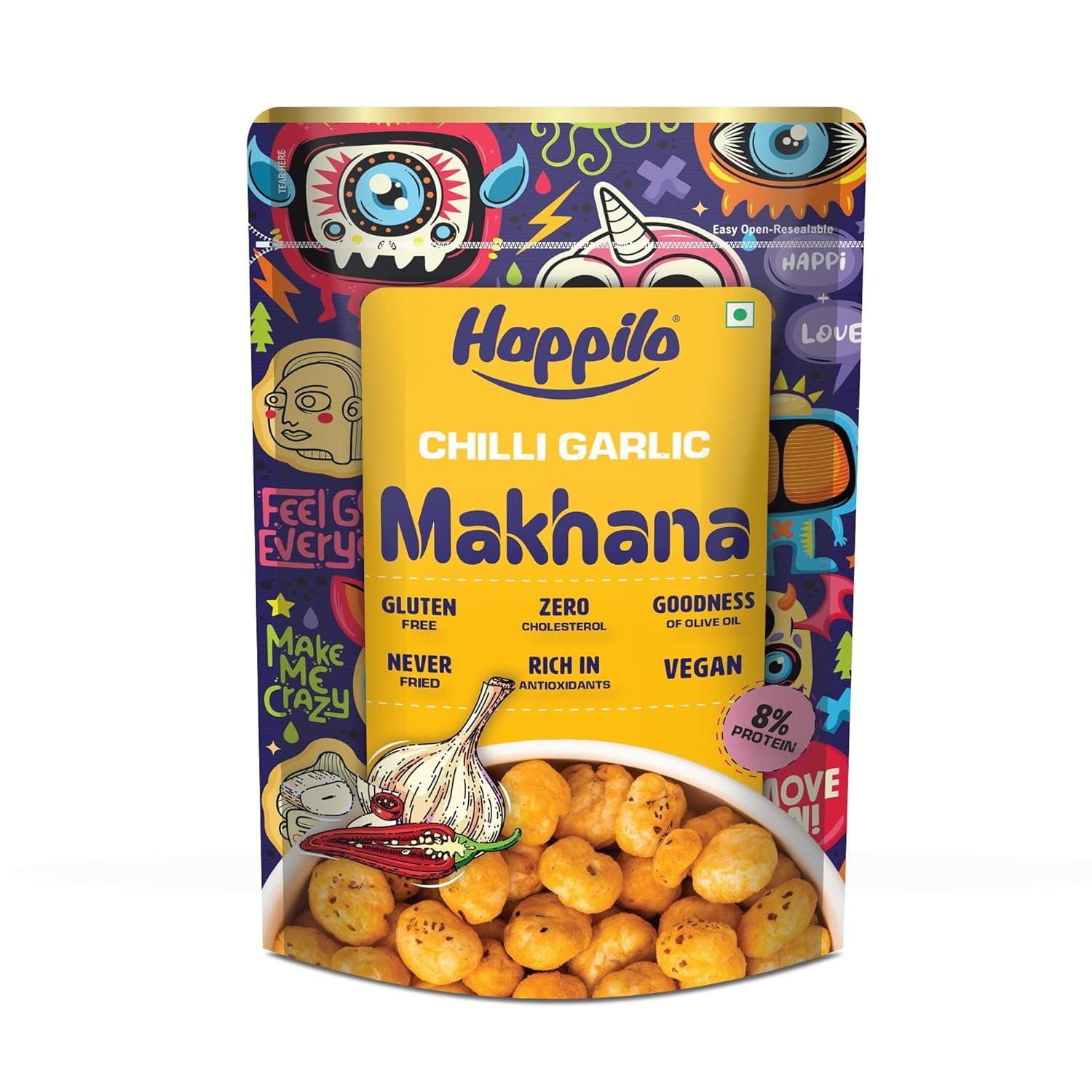 Natural Premium Chilli Garlic Makhana By Happilo 60gm, | Roasted ...