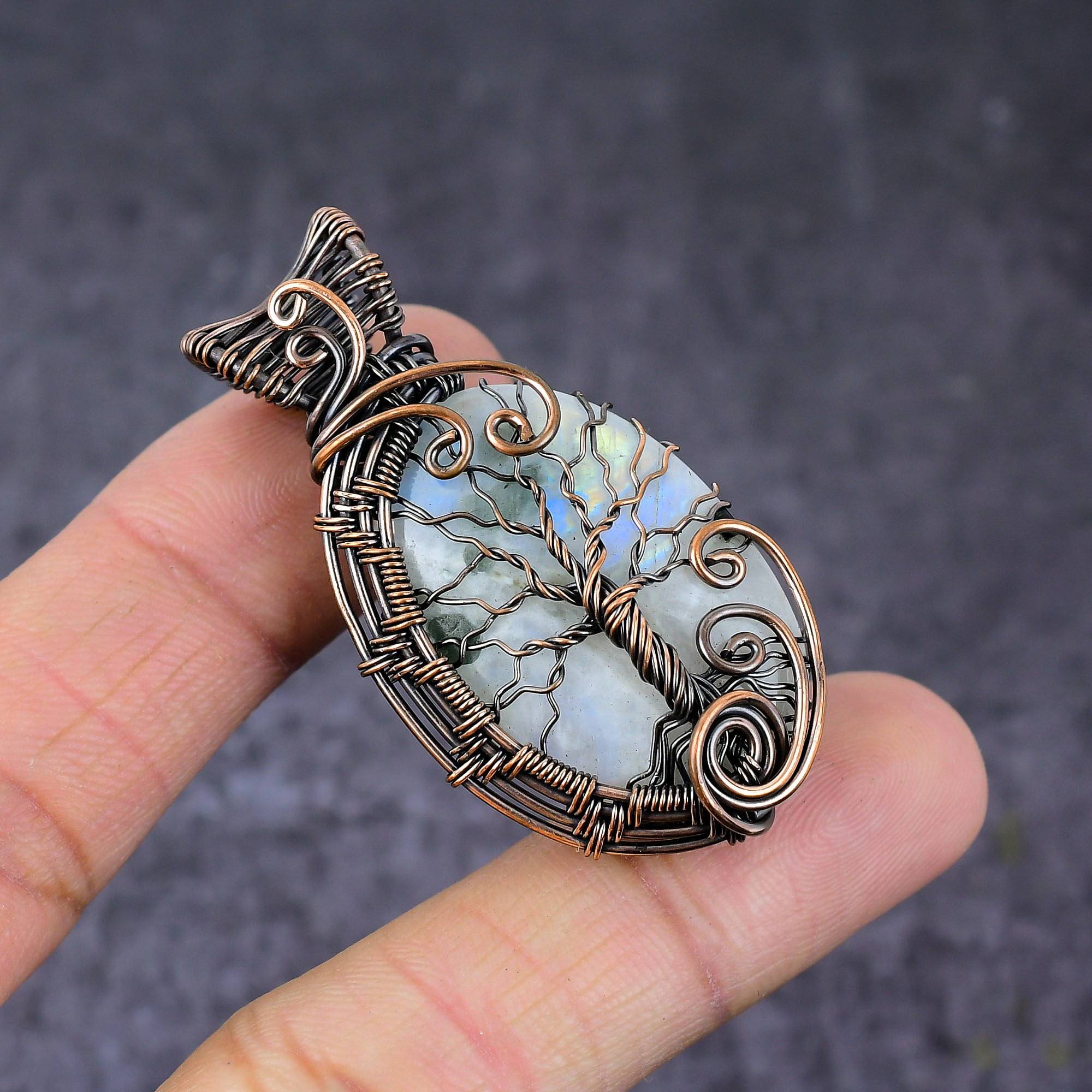 Natural Rainbow Moonstone Copper Wire Wrap Tree Of Life Pendant 2.05 ...