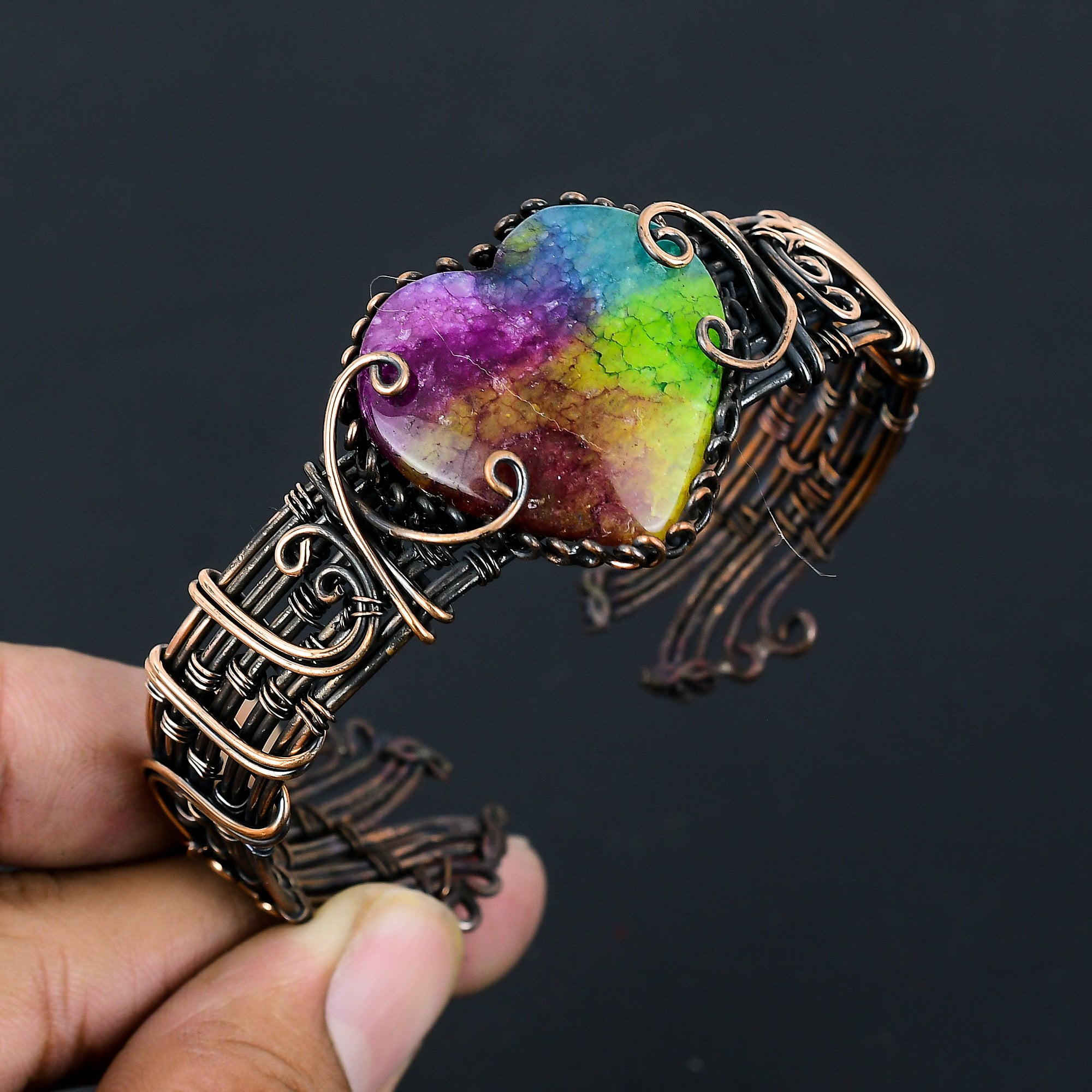 Natural Rainbow Solar Quartz Gemstone Copper Wire Wrap Bangle ...