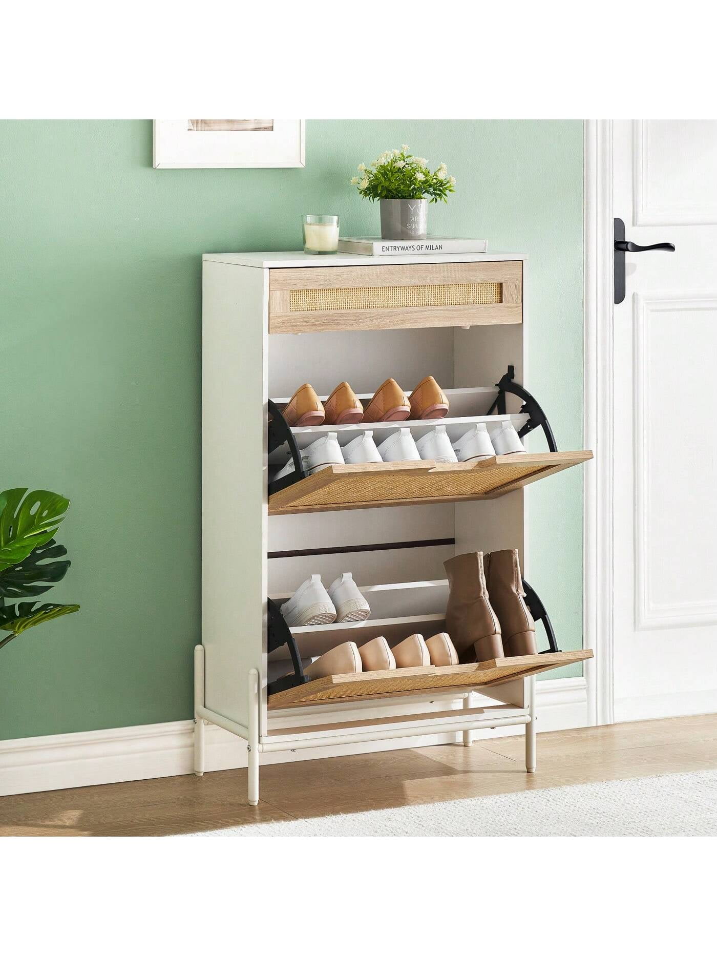 Natural Rattan 2 Flip Door With 1 Drawer Shoe Cabinet Organizer ...