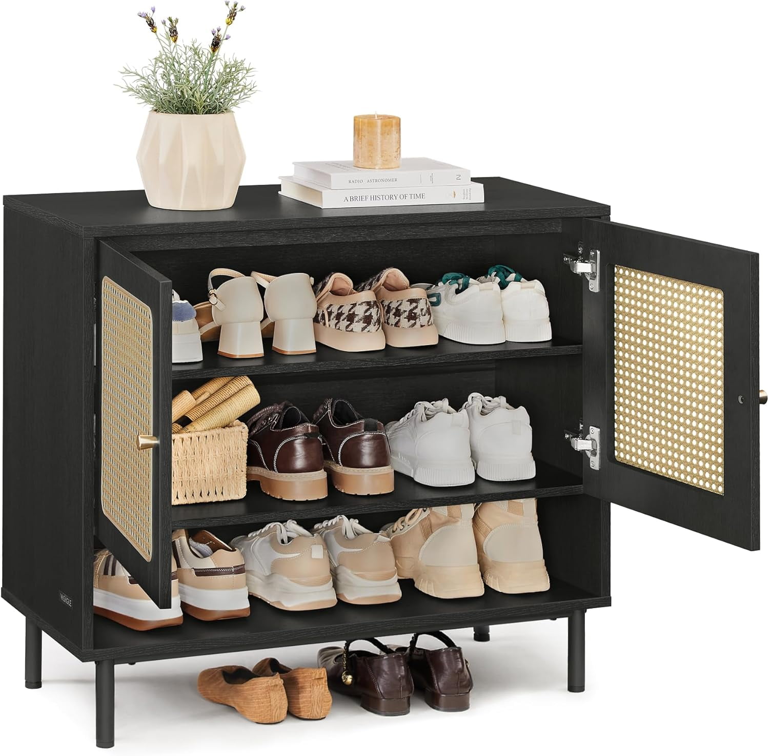 Natural Rattan 3-Tier Shoe Cabinet, 16 Pair Shoe Storage Cabinet, Boho ...
