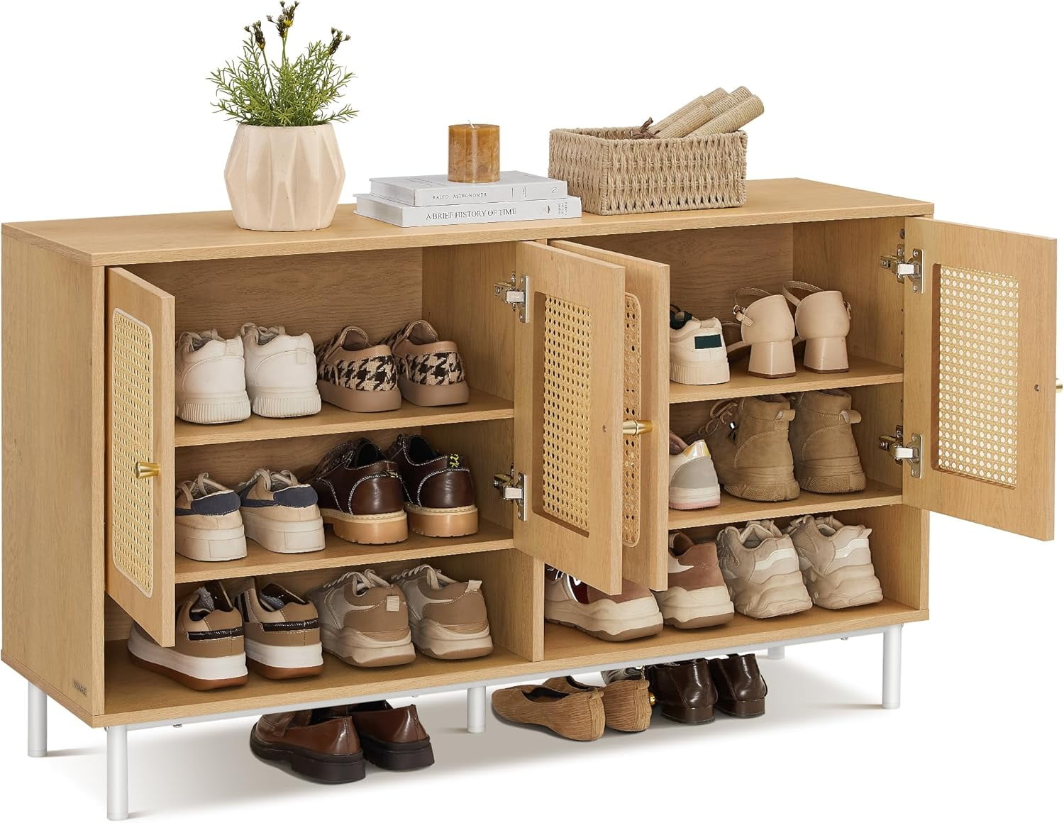 Natural Rattan 3-Tier Shoe Cabinet, 24 Pair Shoe Storage Cabinet, Boho ...