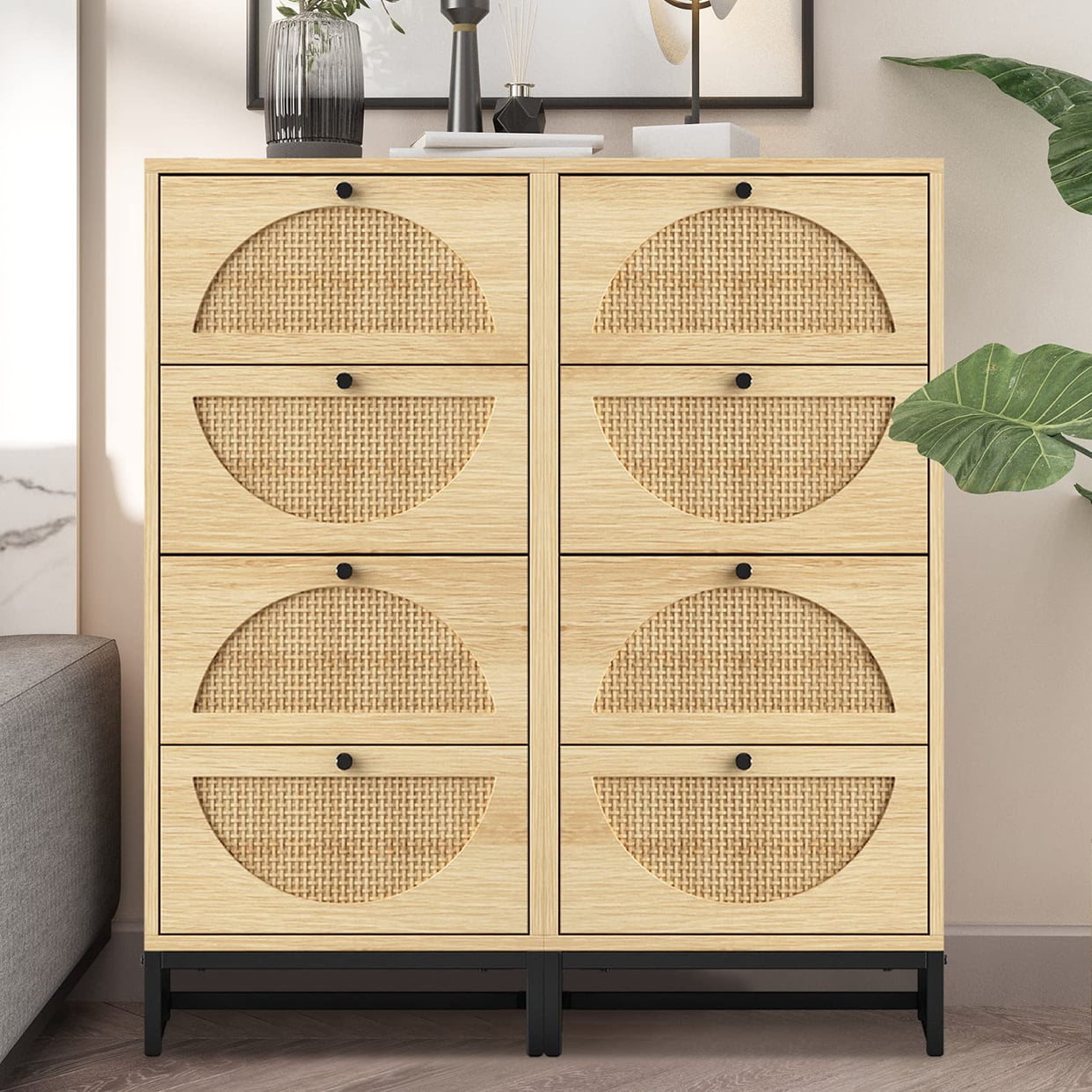 Broadfashion Rattan 4 Drawer Dresser Set of 2, Tall Cabinet Storage ...