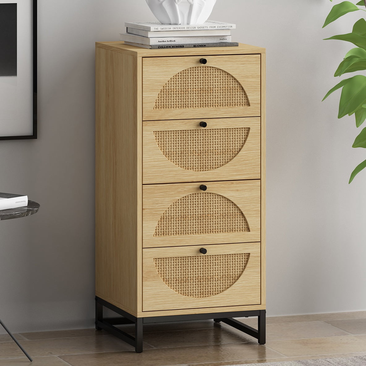 Broadfashion 4 Drawer Rattan Dresser, Tall Cabinet with Metal Base ...