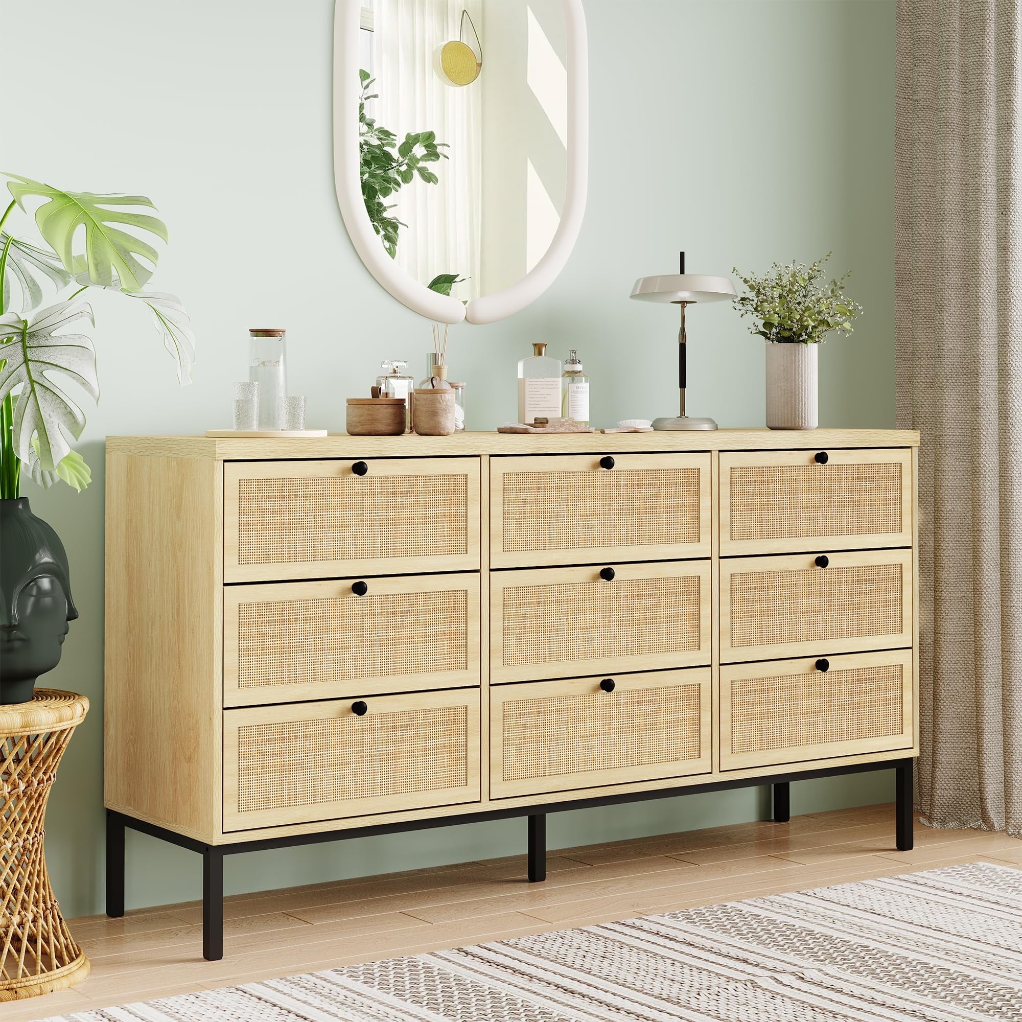 Natural Rattan 9 Deep Drawers Dresser,59" Wide Light Wood Chest Large ...