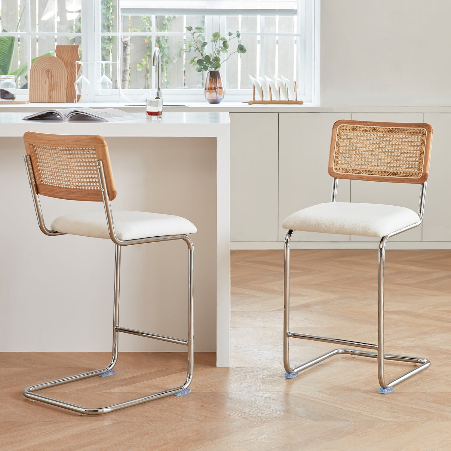 Natural Rattan Counter Height Stools Set of 2 with Solid Wood Back, 24 ...