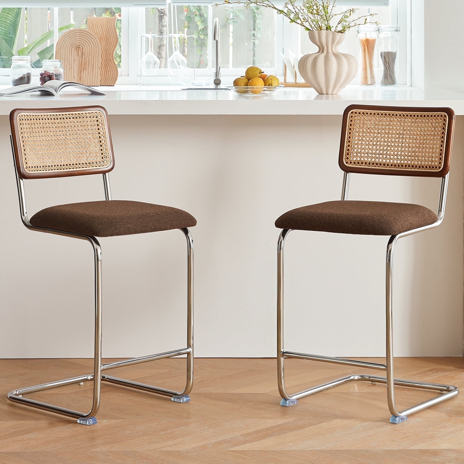 Natural Rattan Counter Height Stools Set of 2 with Solid Wood Back, 29 ...