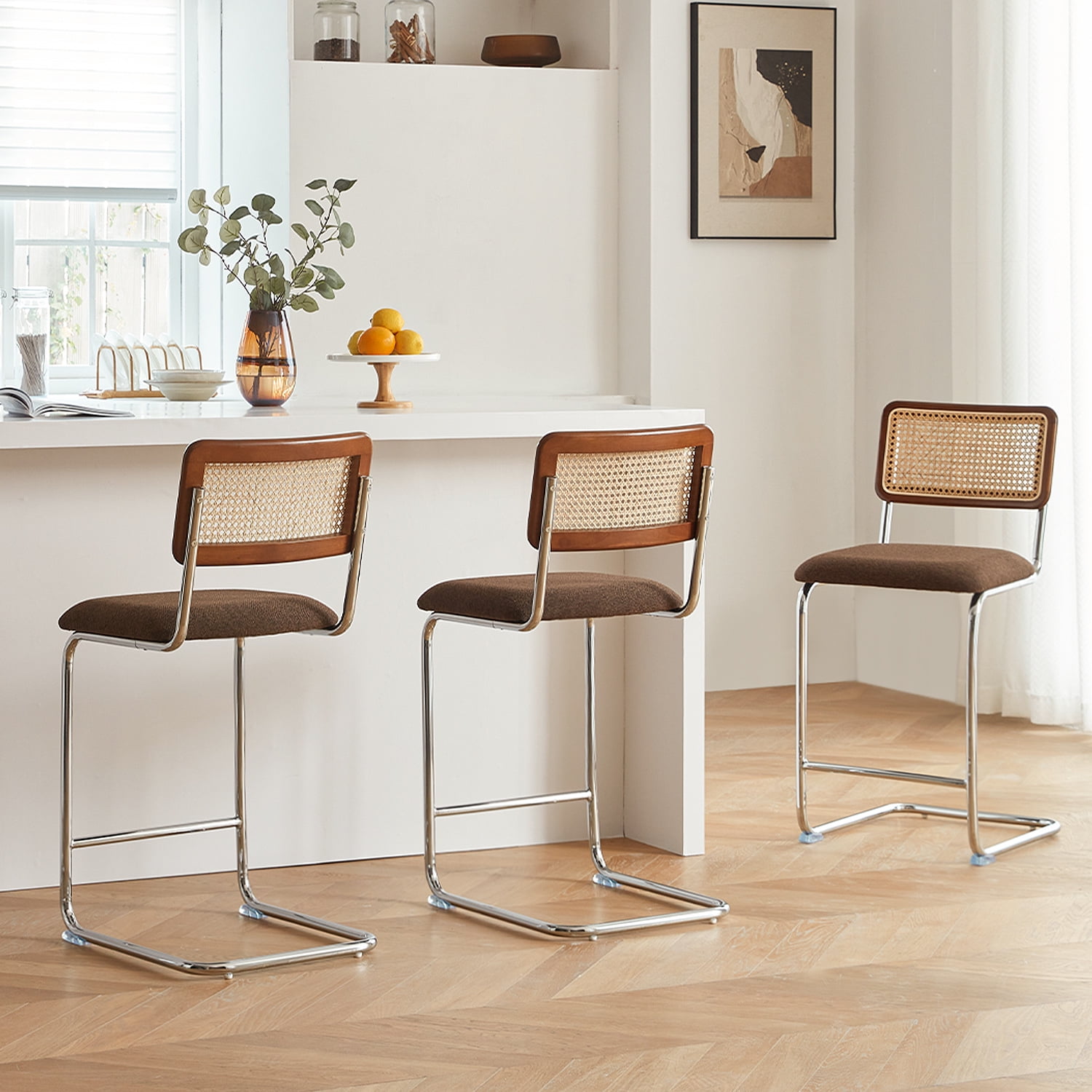 Natural Rattan Counter Height Stools Set of 3 with Solid Wood Back, 24 ...