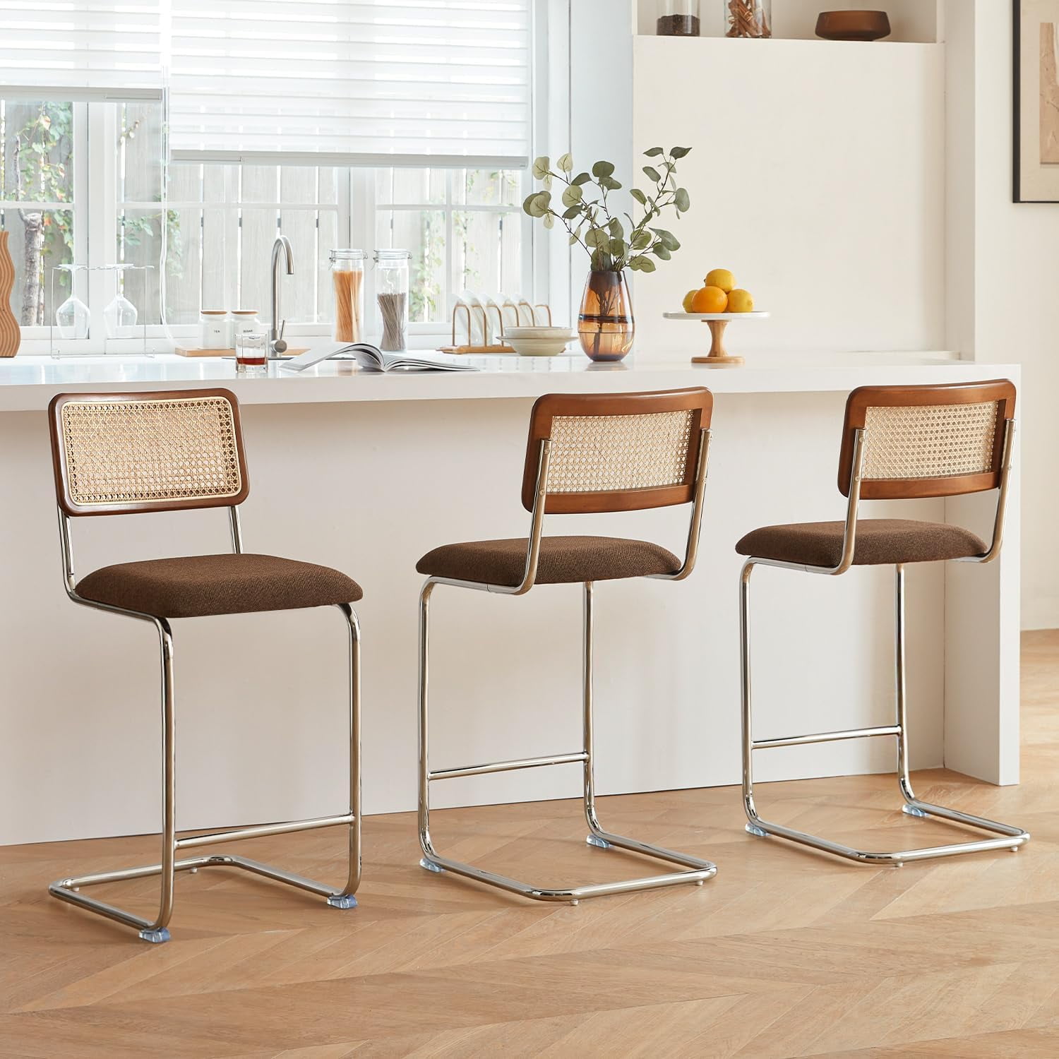 Natural Rattan Counter Height Stools Set of 3 with Solid Wood Back 29 ...