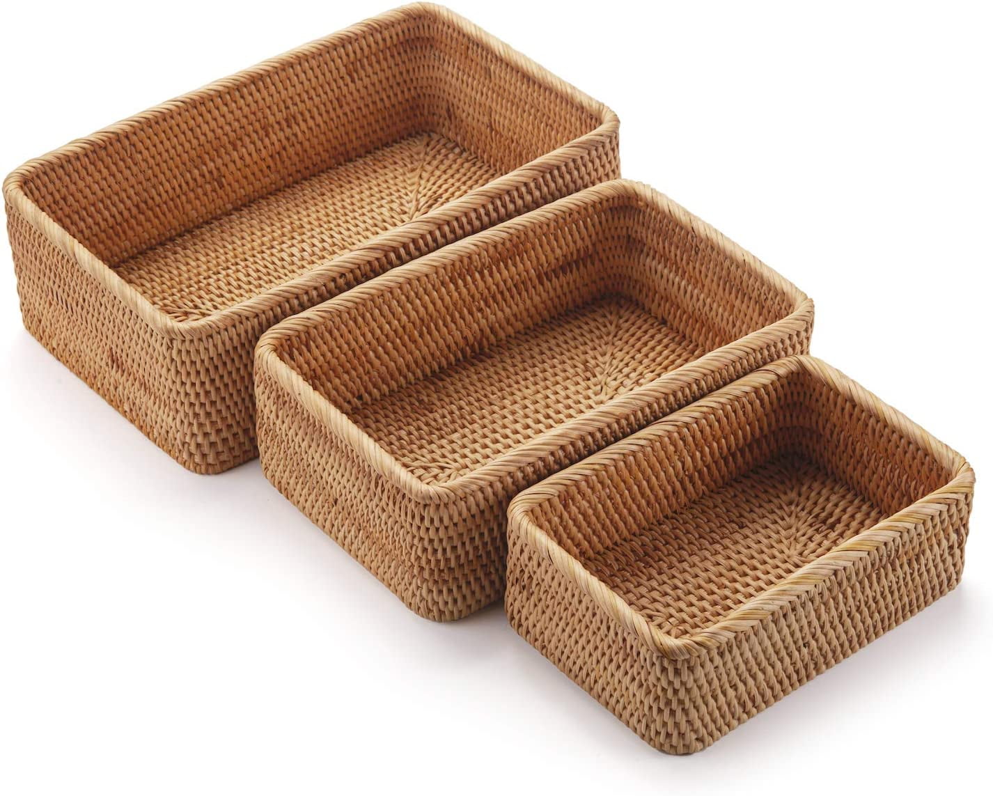 Natural Rattan Fruit Storage Baskets Rectangular Woven Wicker Box for ...