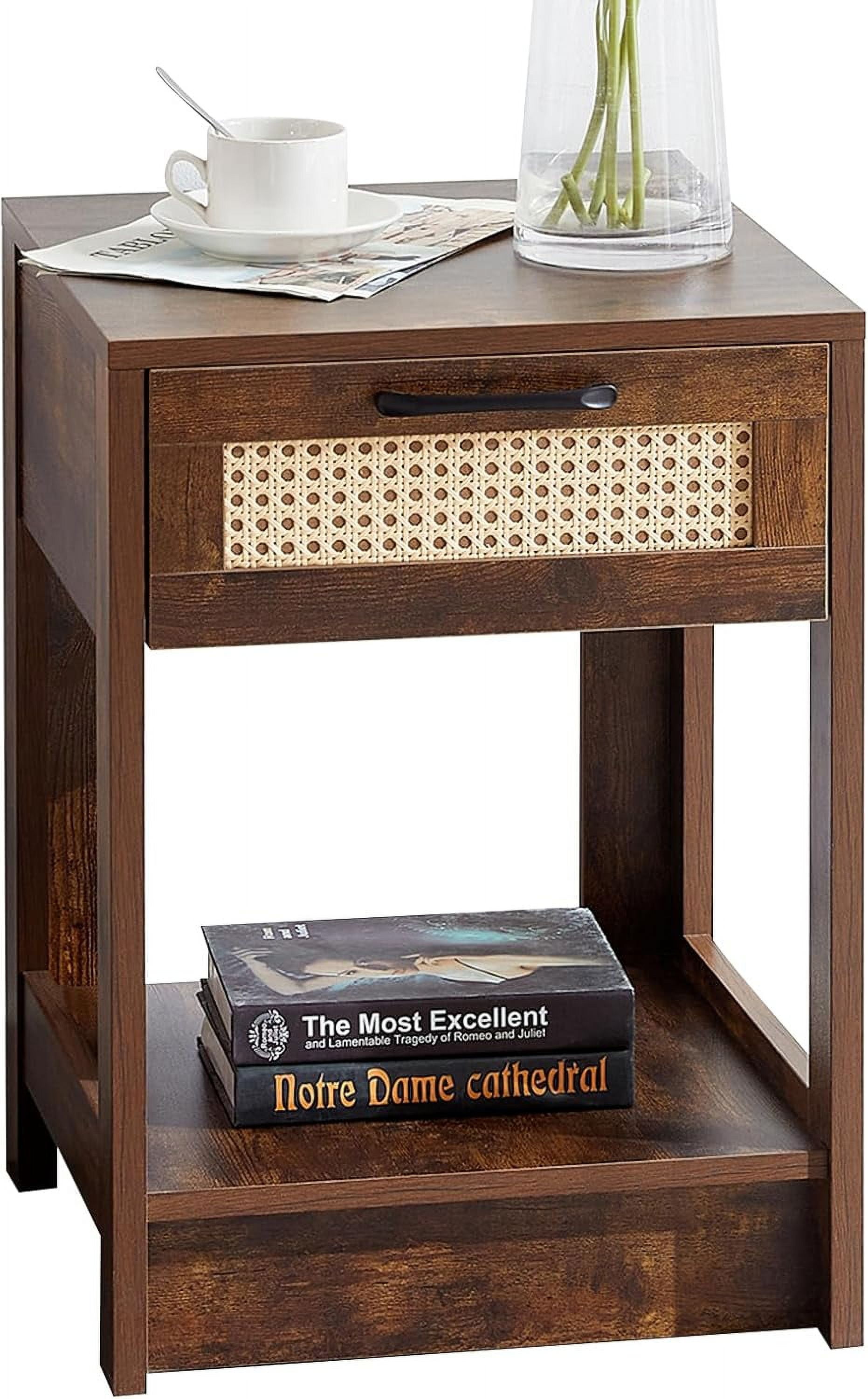 Natural Rattan Nightstand, Bed Side Table with Drawer, Wooden End Table ...