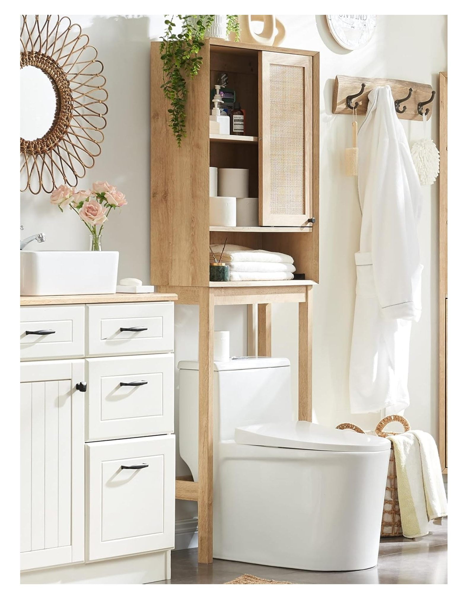 Natural Rattan Over-The-Toilet Cabinet, 68" Tall Century Modern Storage ...