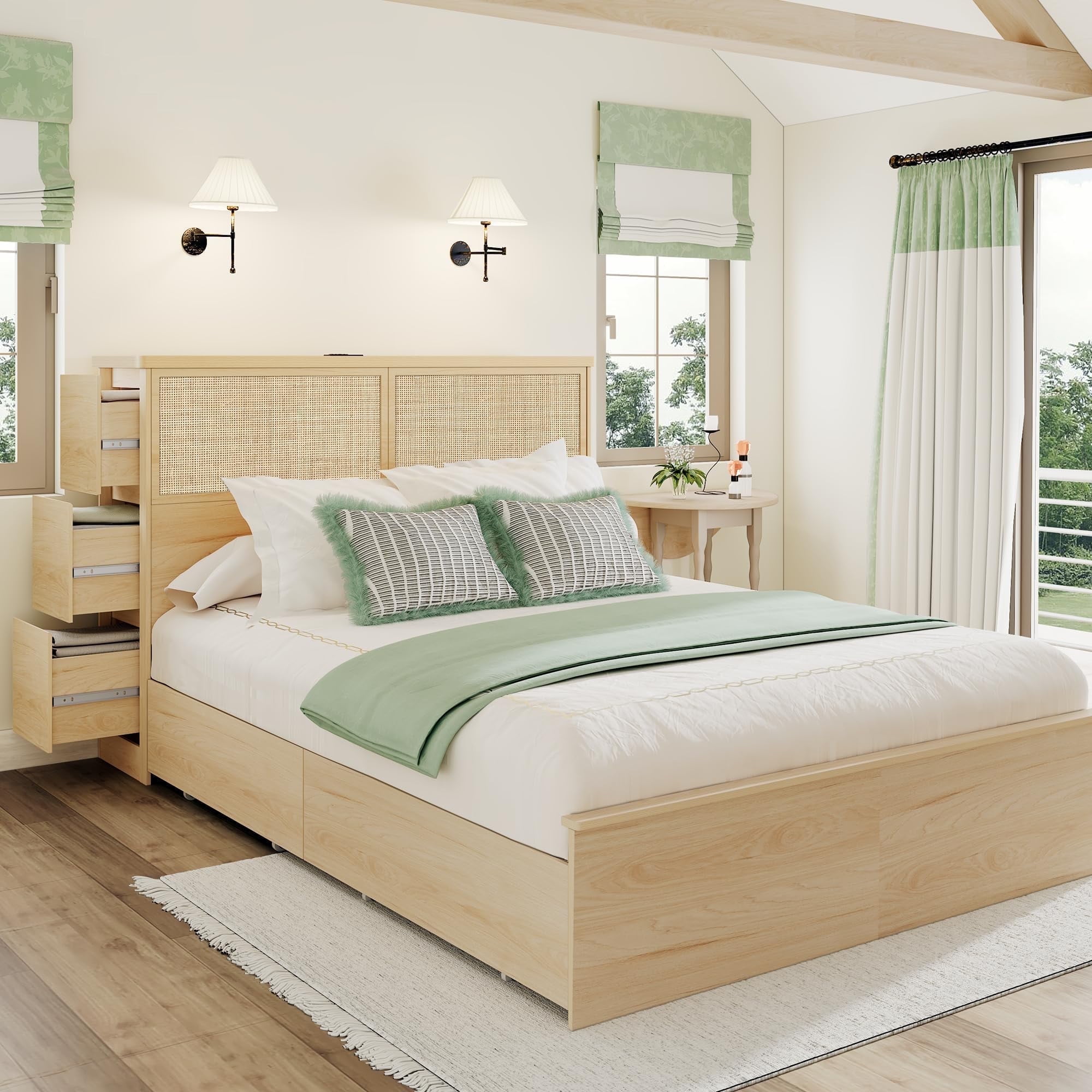 Brafabhome Boho Rattan Queen Beds with Charging Station Headboard ...