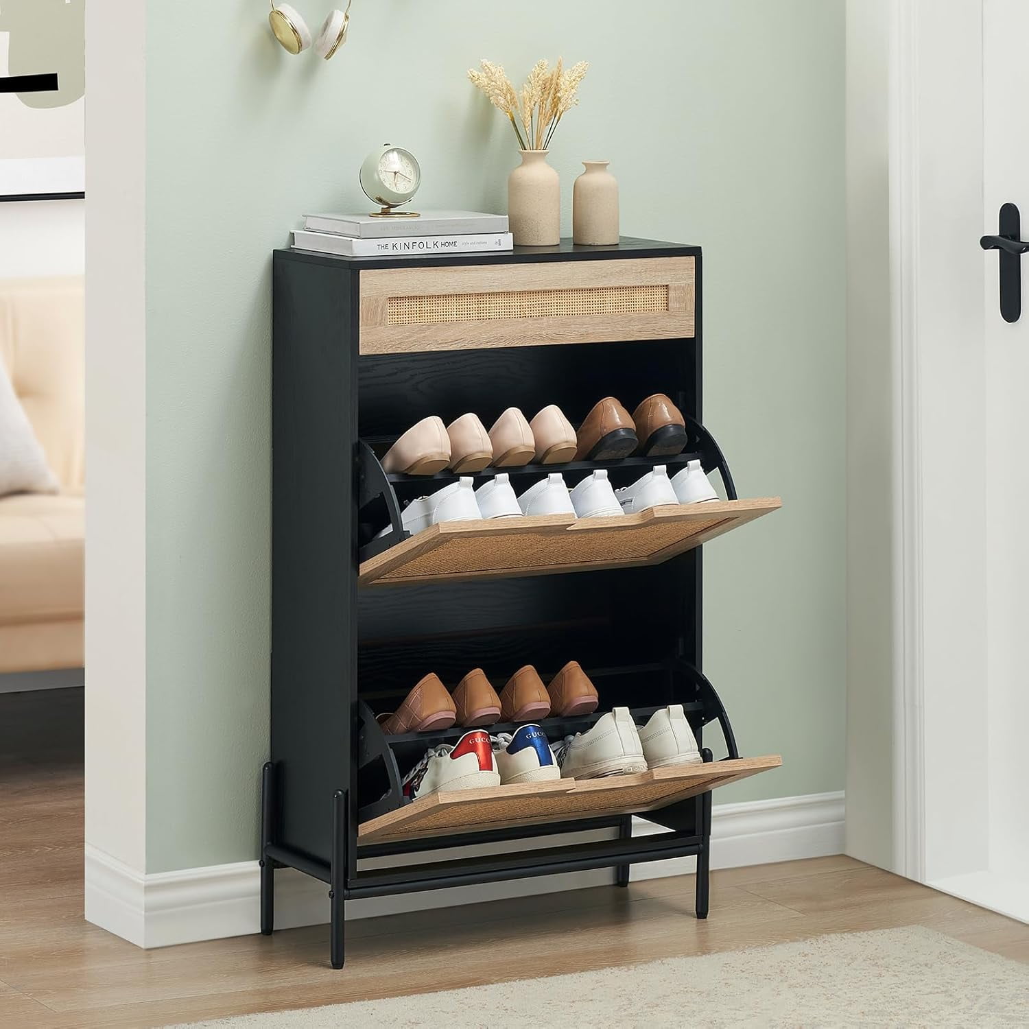 Natural Rattan Shoe Cabinet, 2 Flip Door Shoe Rack with a Drawer ...
